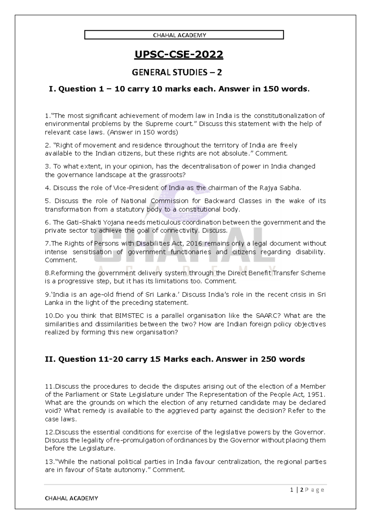 Gs paper 2 upsc cse 2022 - CHAHAL ACADEMY 1 | 2 P a g e CHAHAL ACADEMY ...