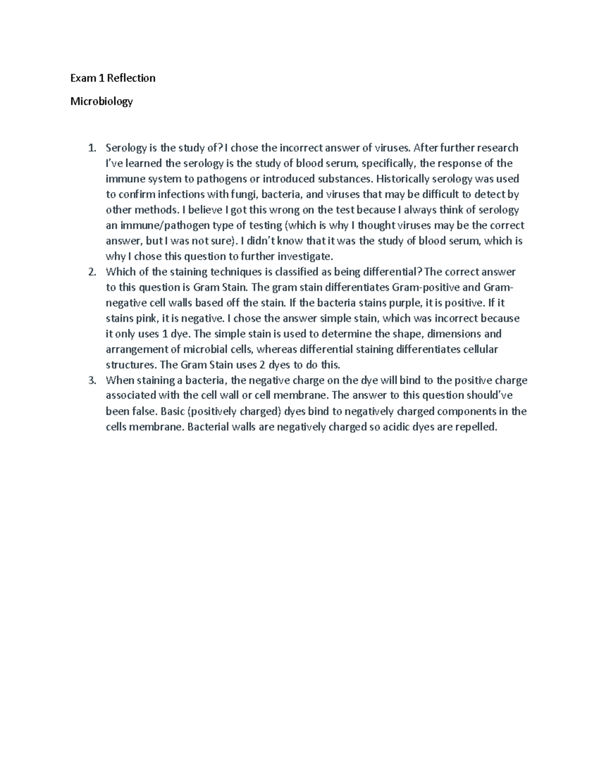 Exam 1 reflection - Exam 1 Reflection Microbiology Serology is the ...