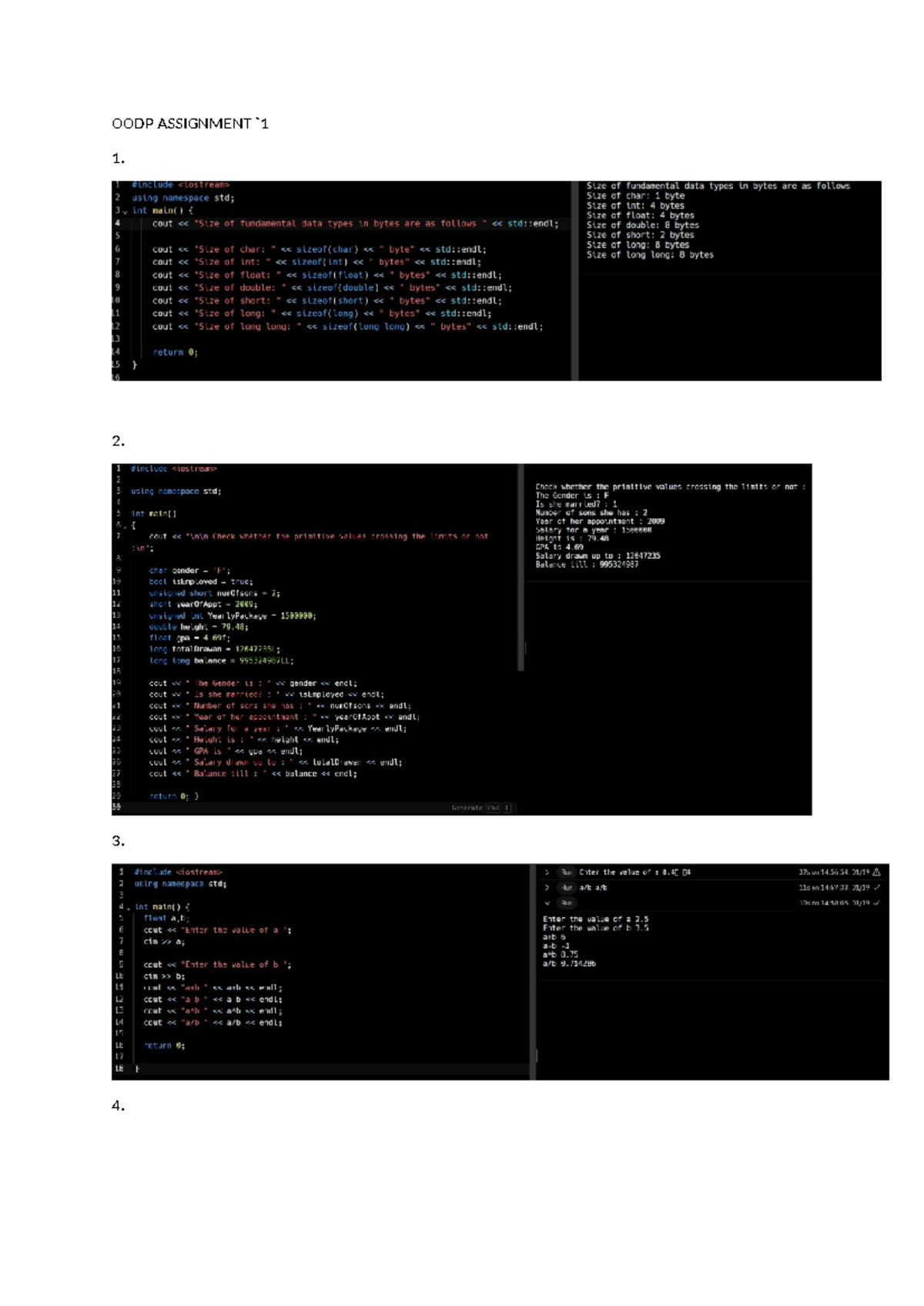 OODP Assignment - OODP ASSIGNMENT 1 1. 1 Size of fundamental data types ...