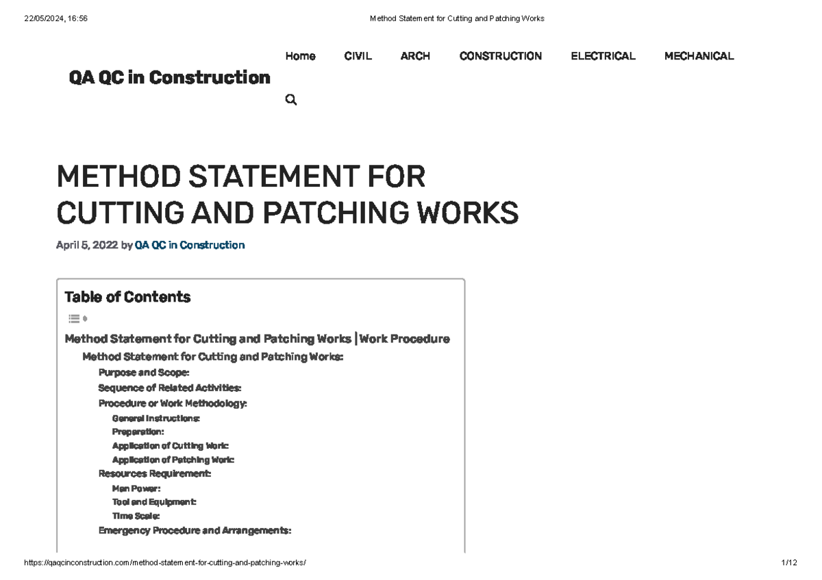 Method Statement for Cutting and Patching Works - GYPSUM WALL, OR ...