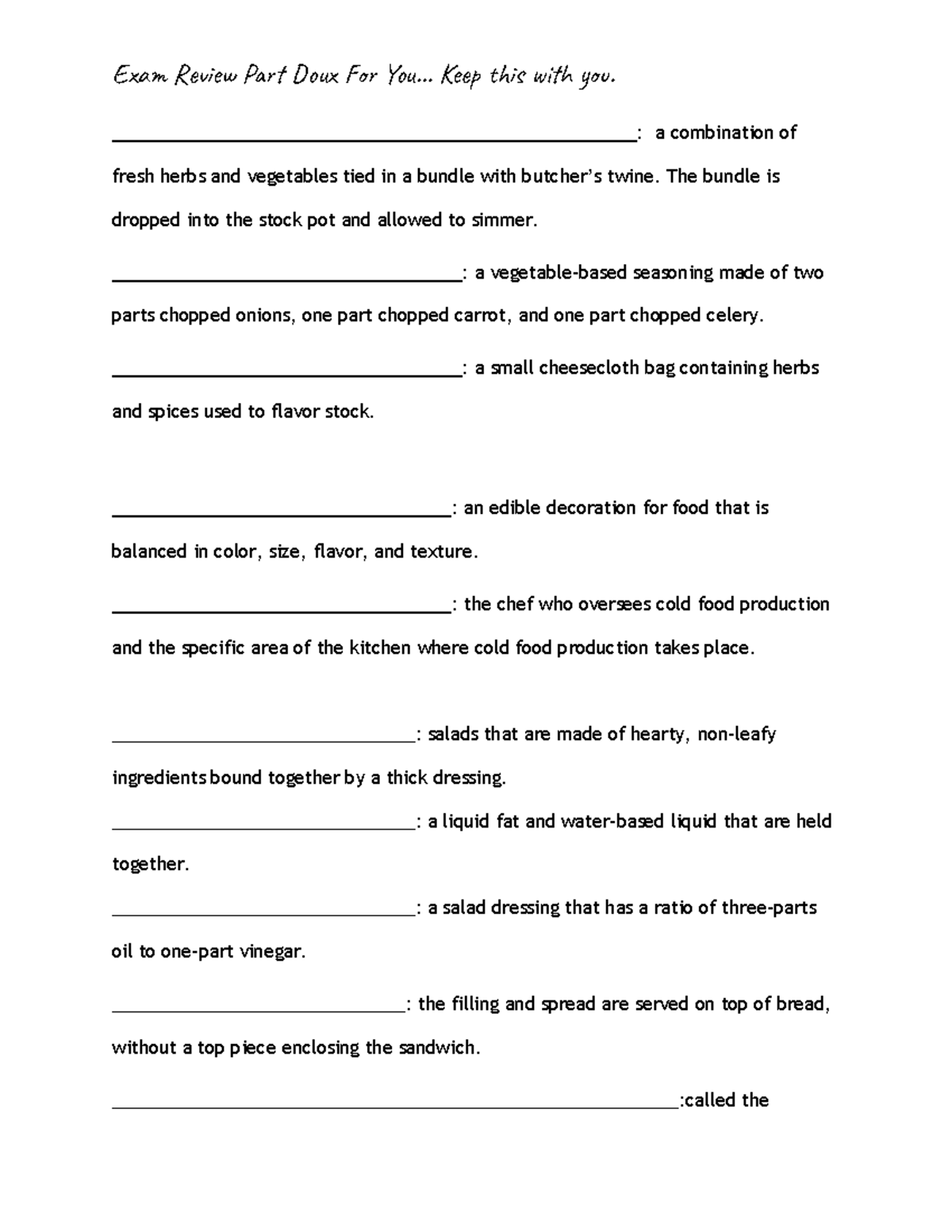 Exam Key Words I - Culinary Arts test study material pro prape state ...