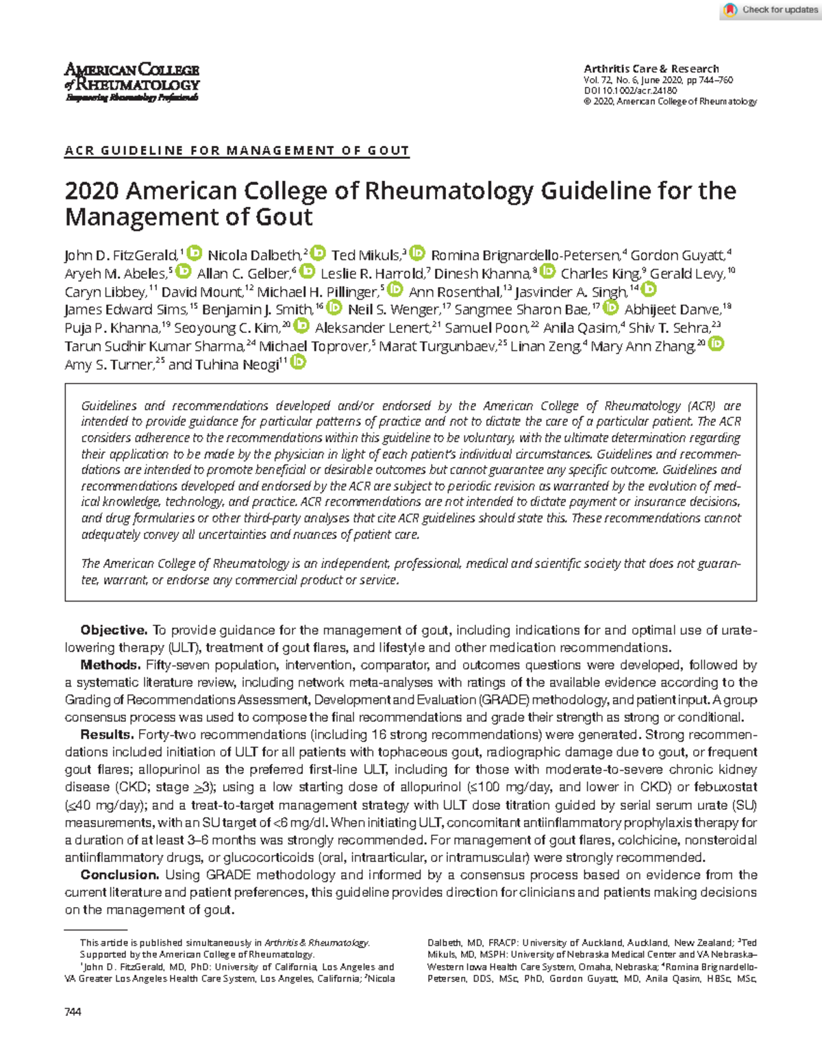 Fitzgerald 2020 american college of rheumatology g - 744 Arthritis Care ...
