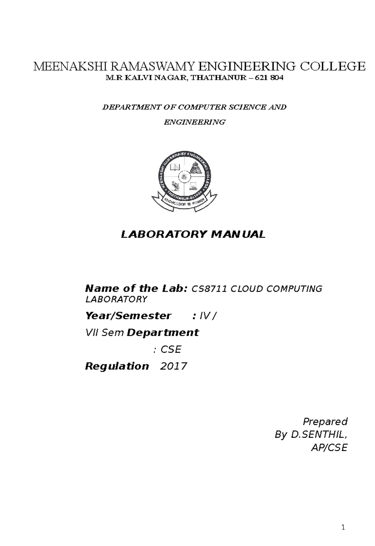 CS8711-CC LAB Manual - 1 MEENAKSHI RAMASWAMY ENGINEERING COLLEGE M ...