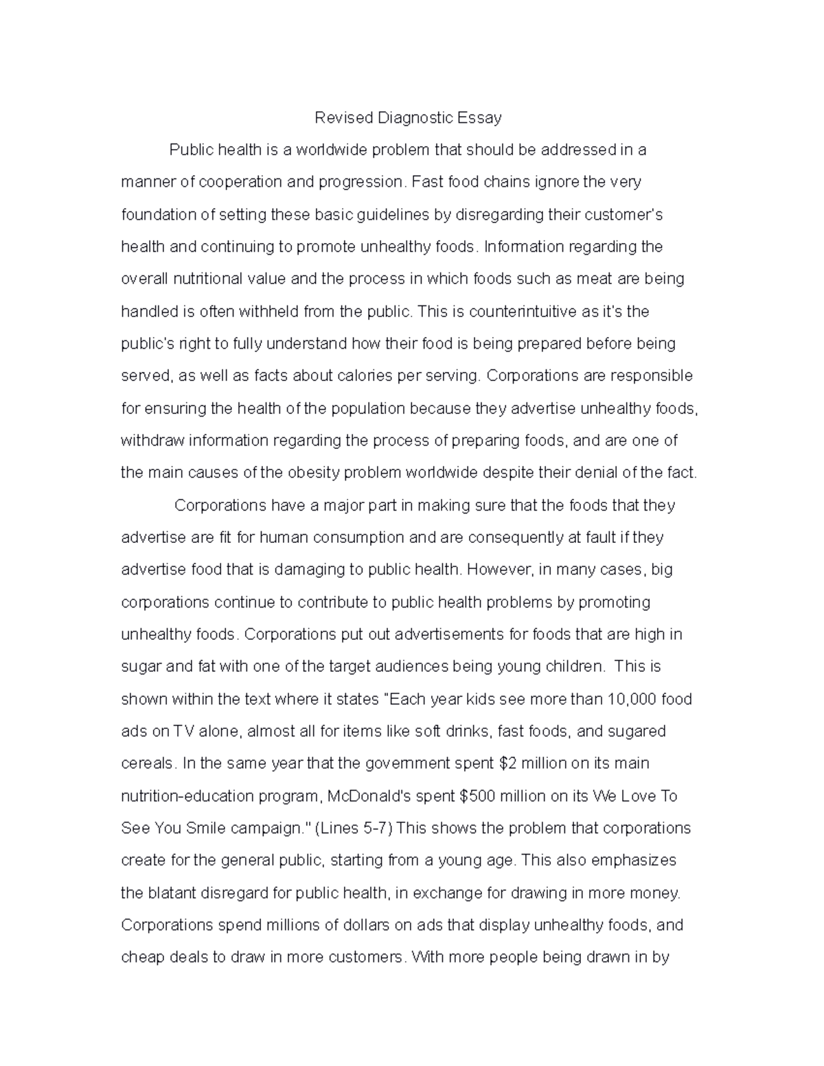 Revised Diagnostic Essay - Revised Diagnostic Essay Public health is a ...