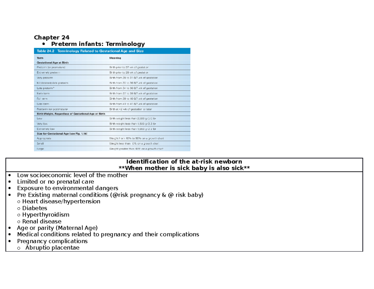 Exam 3 ob - chapter notes - Chapter 24 Preterm infants: Terminology ...
