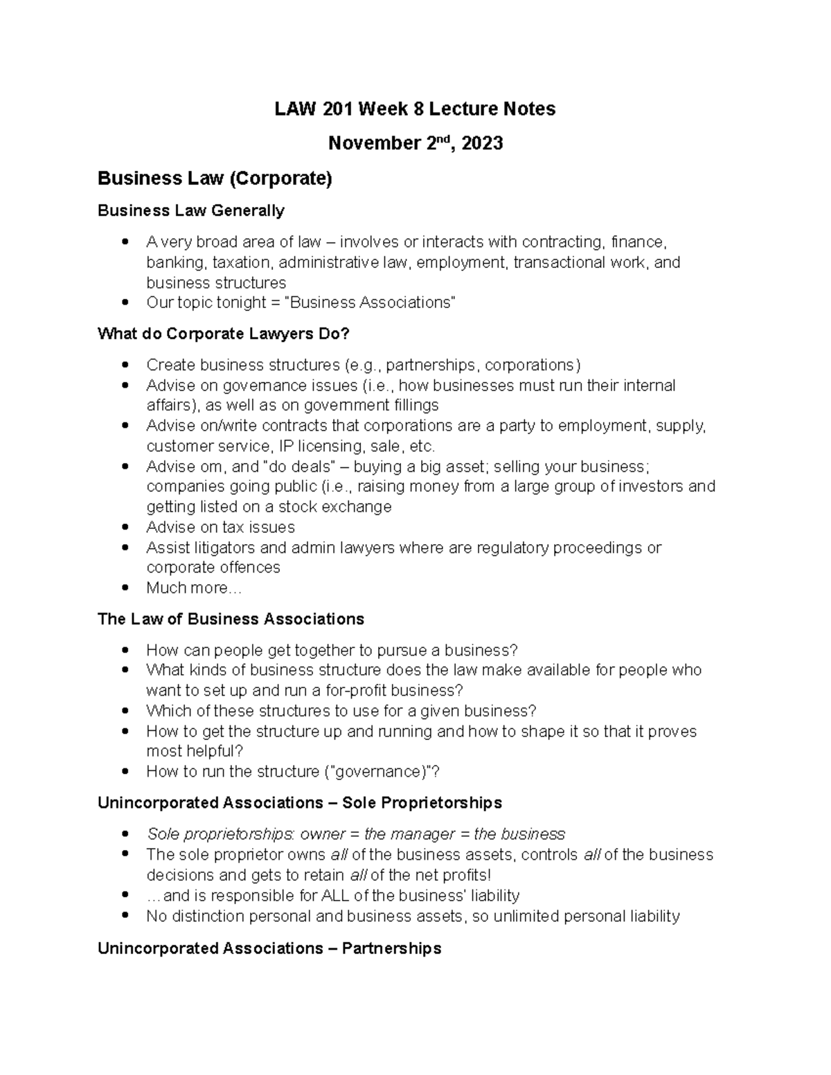 LAW 201 Week 8 Lecture Notes - LAW 201 Week 8 Lecture Notes November ...