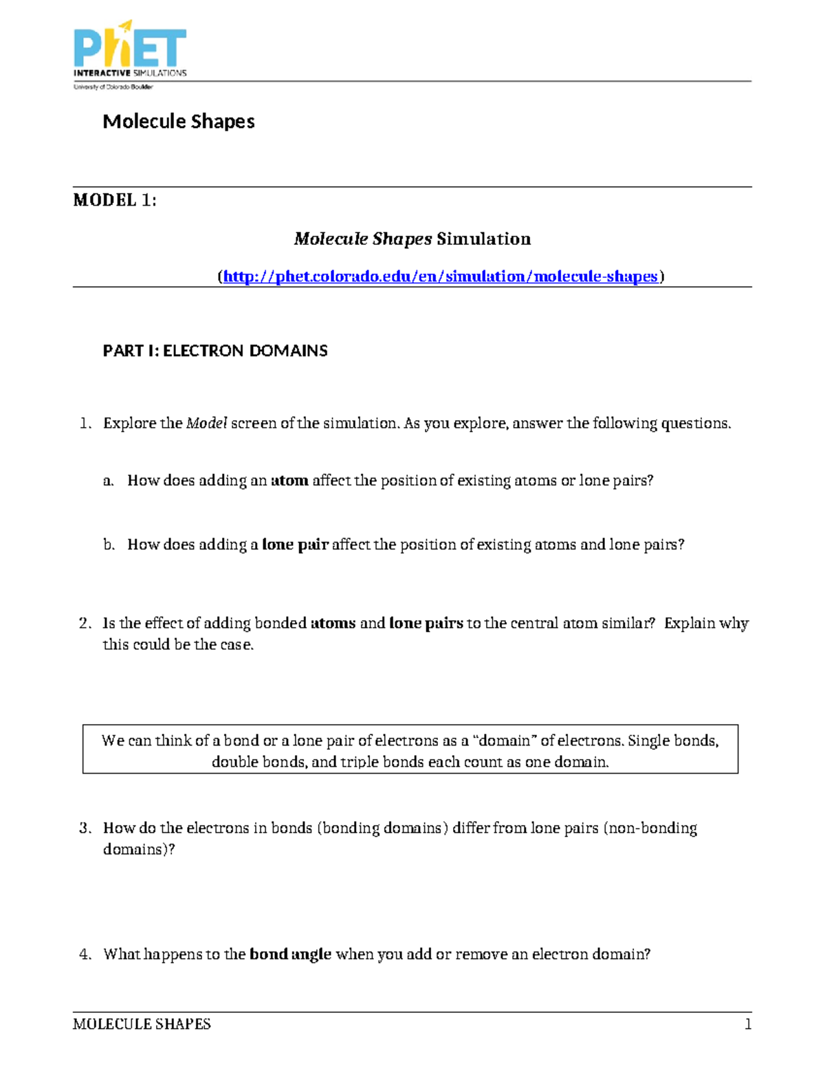 Molecule-Shapes-Student-Handout - Molecule Shapes MODEL 1: Molecule ...