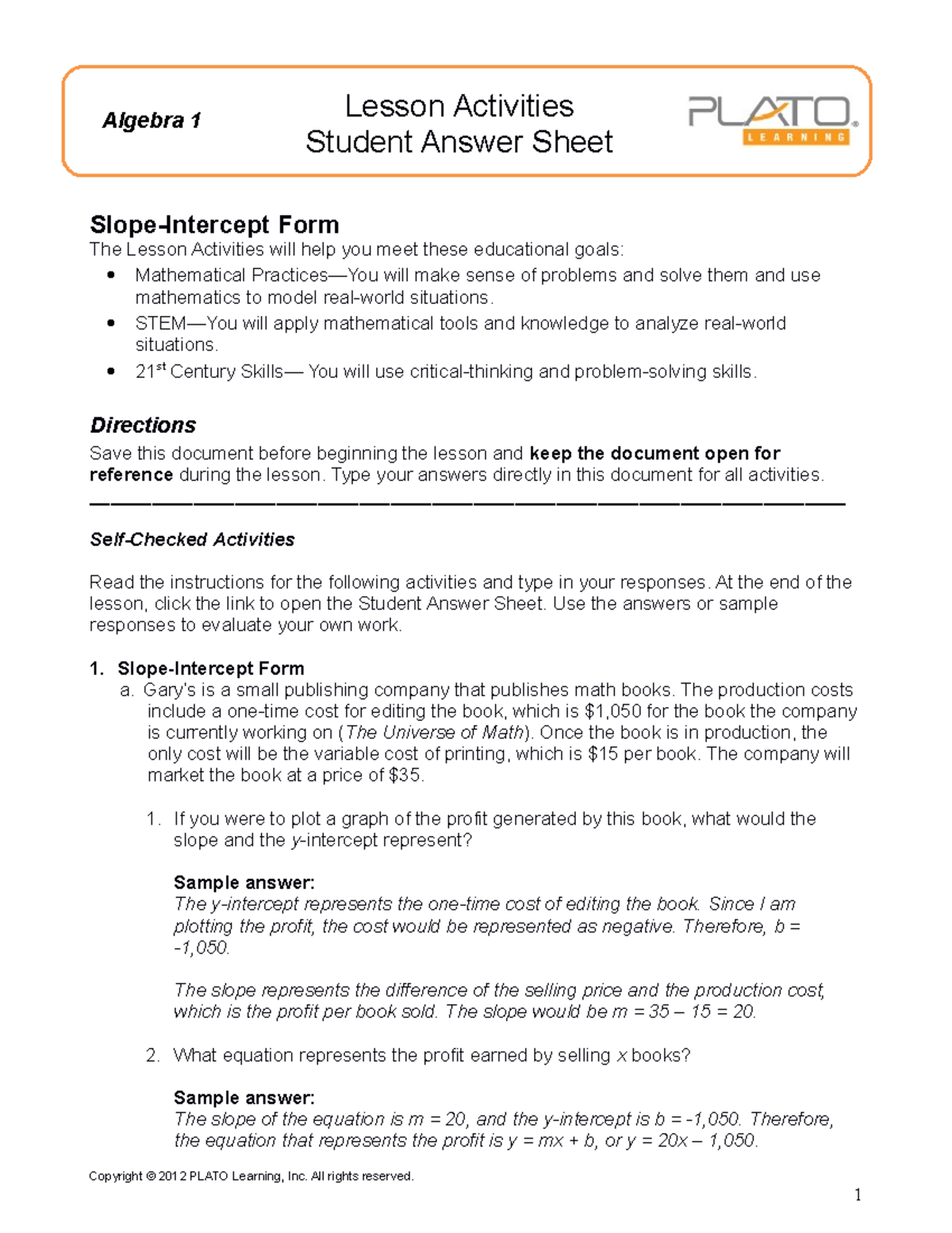Slope Intercept Form-LAS - Slope-Intercept Form The Lesson Activities ...