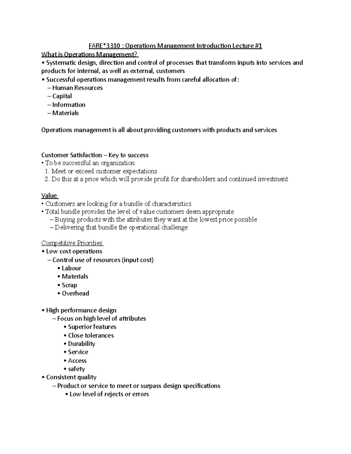 FARE Lecture #1 - FARE*3310 : Operations Management Introduction Lecture # What is Operations ...