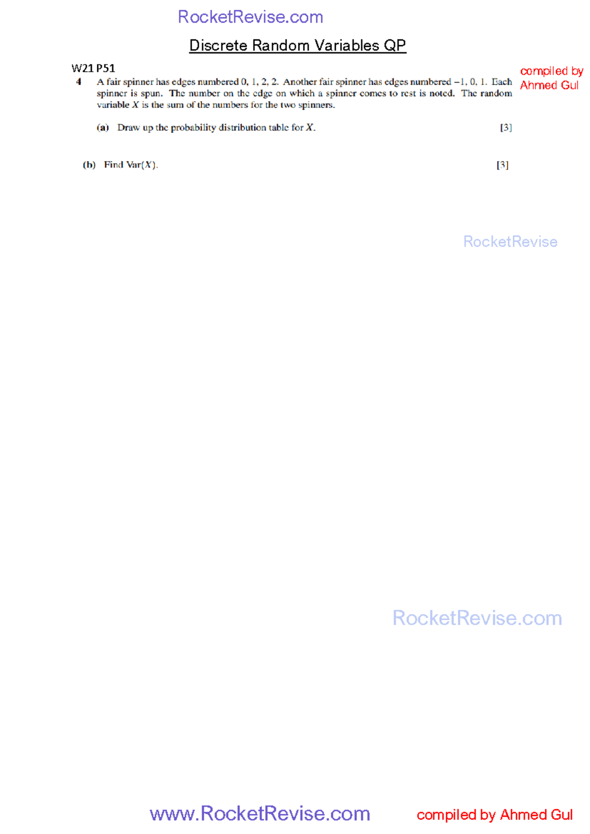 Discrete Random Variables QP - W21 P Discrete Random Variables QP ...