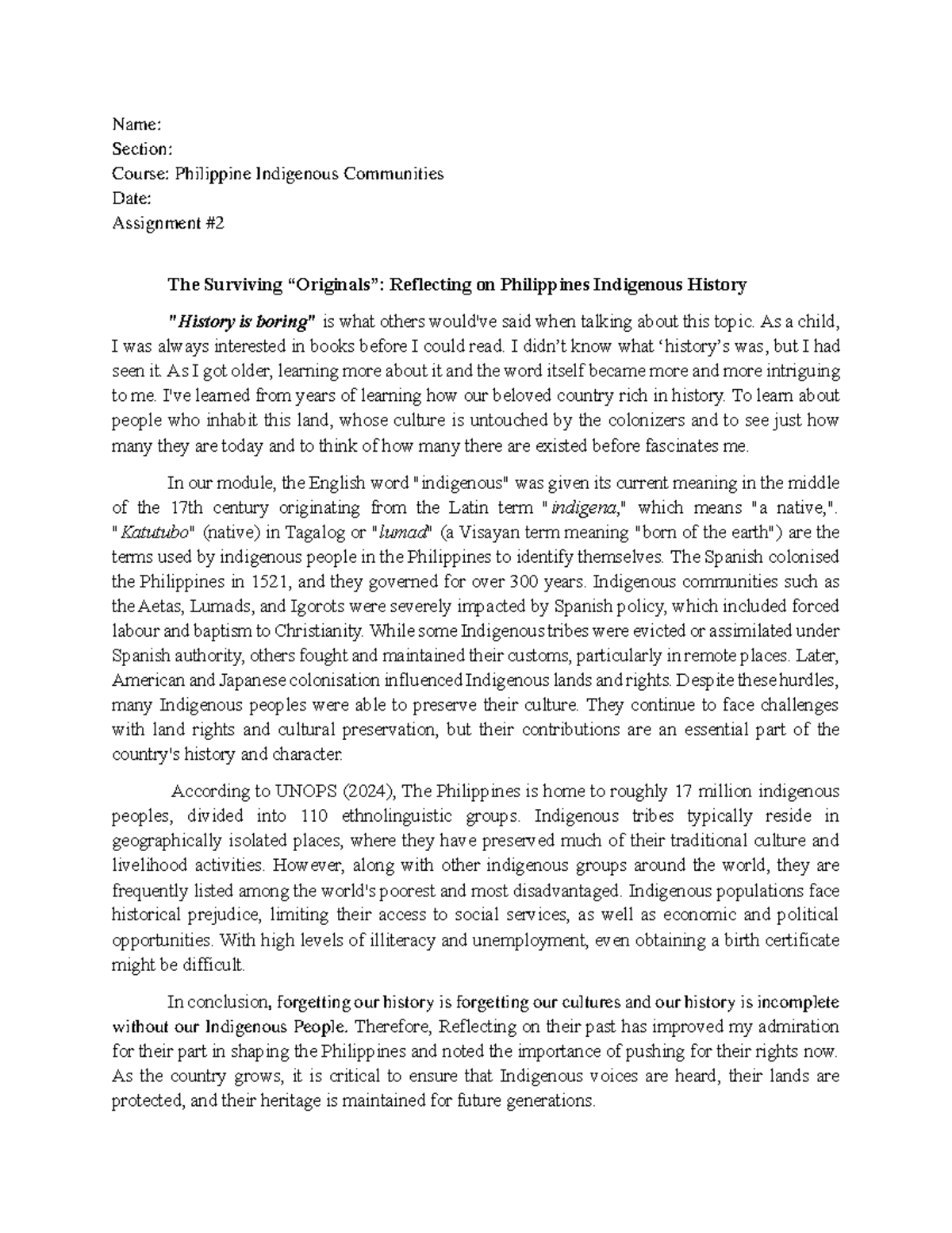 PIC Essay Assignment 2 - Name: Section: Course: Philippine Indigenous ...