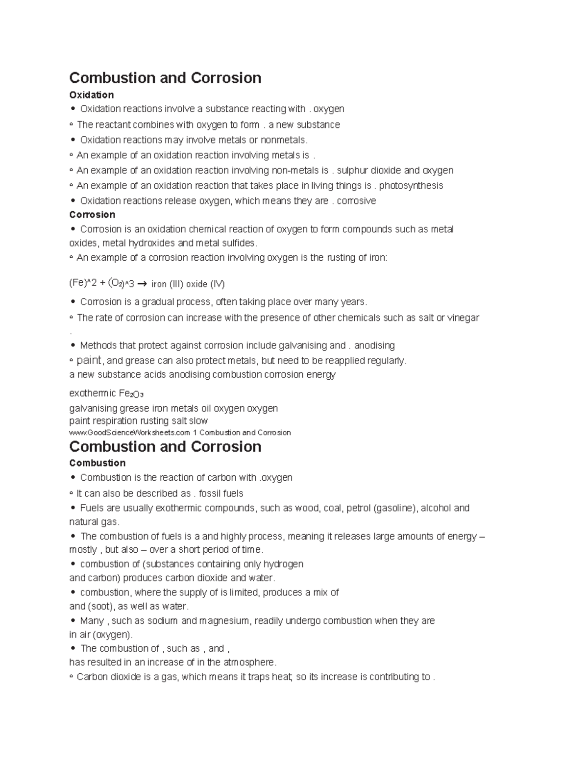 Combustion and Corrosion Worksheet - Combustion and Corrosion ...