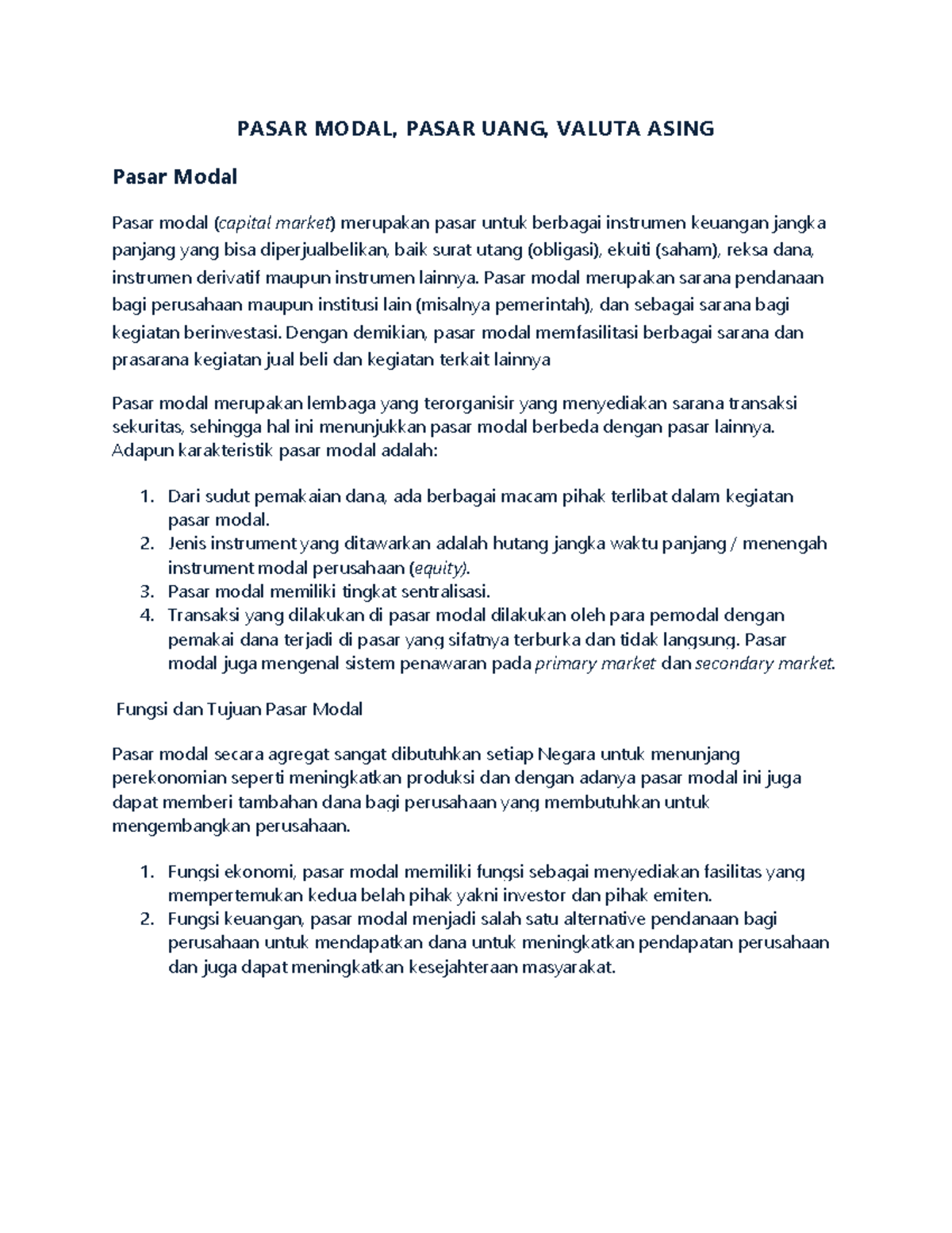 Pasar Modal - PASAR MODAL, PASAR UANG, VALUTA ASING Pasar Modal Pasar ...