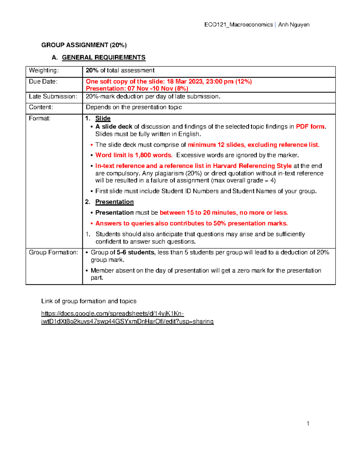 SP23 ECO121 GA Guideline - GROUP ASSIGNMENT (20%) A. GENERAL ...