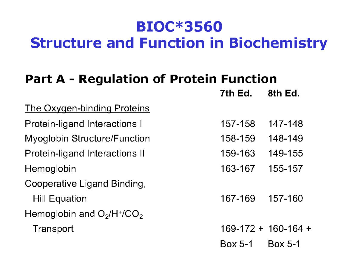 BIOC 3560 A Oxygen binding skeleton - BIOC* Structure and Function in Biochemistry Part A ...
