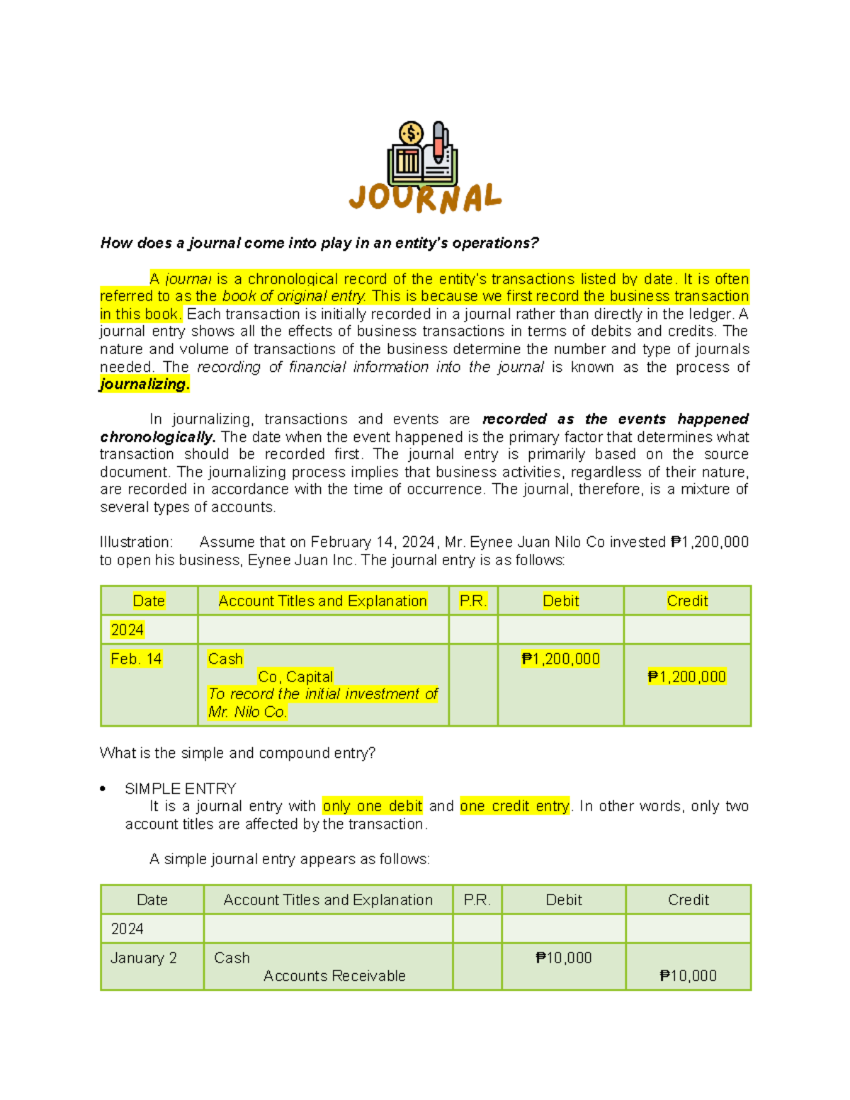 Journal Lesson - NOTES - How does a journal come into play in an entity ...