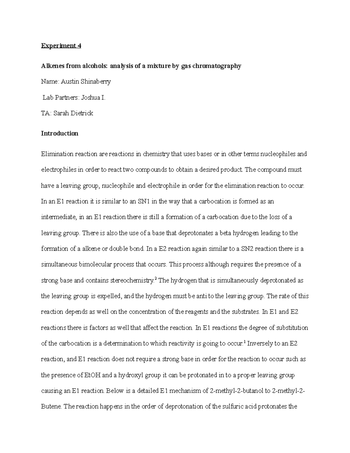 Post Lab 8 - answers to post lab for the module experiment - Experiment 4 Alkenes from alcohols ...