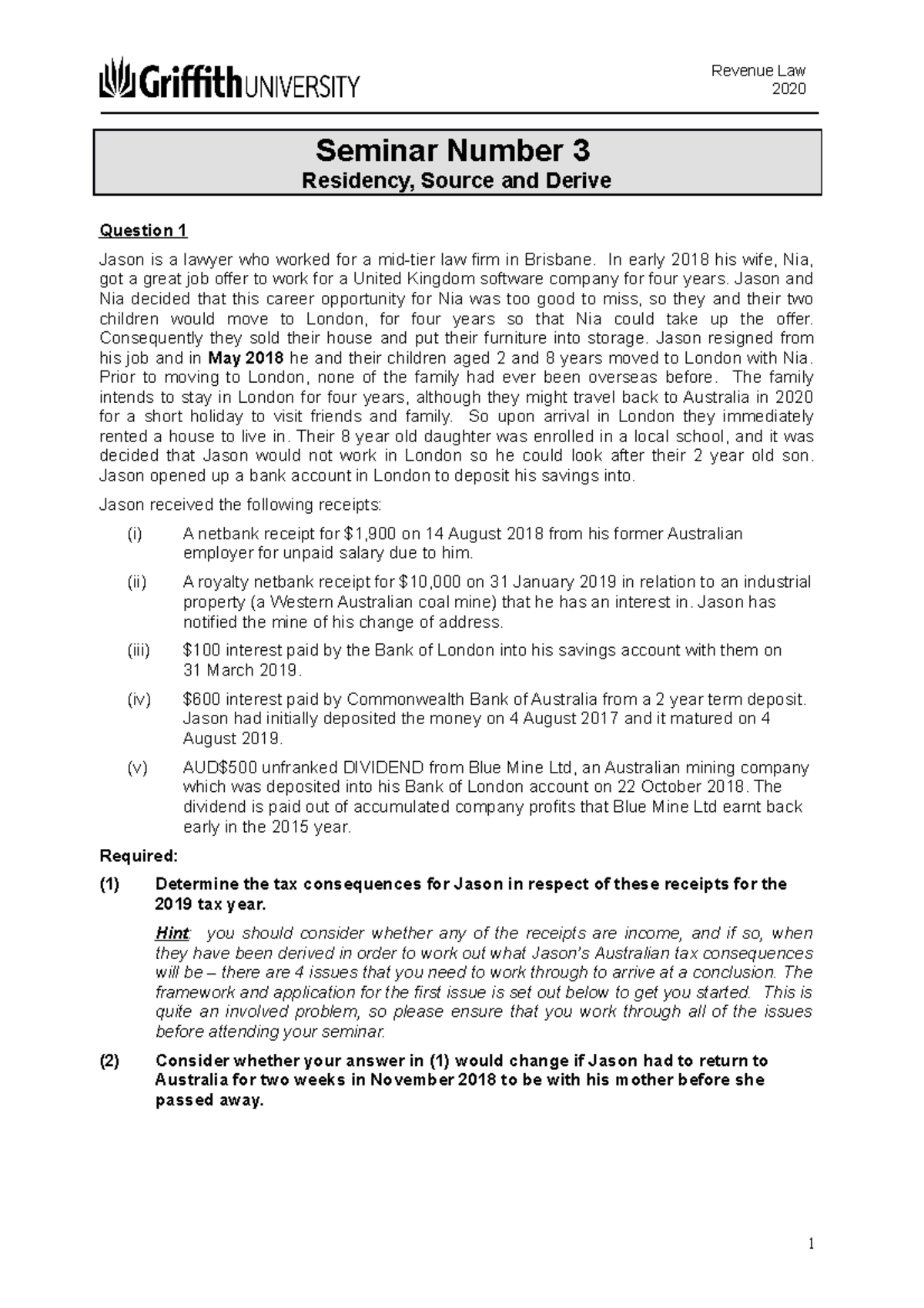Seminar 3 - Revenue Law 2020 Seminar Number 3 Residency, Source and ...
