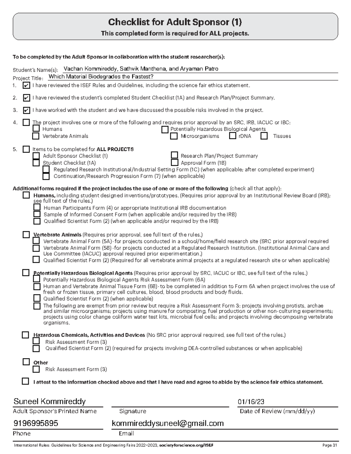 1 Checklist for Adult Sponsor - Adult Sponsor’s Printed Name Signature ...
