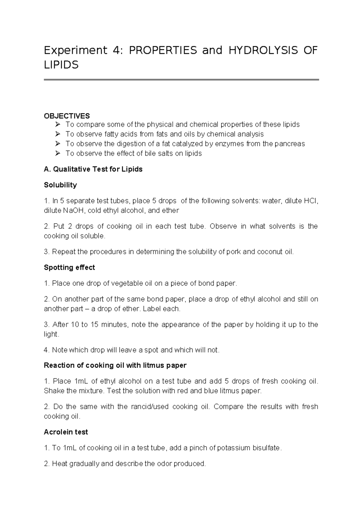 Experiment 4 - hydrolysis - Experiment 4: PROPERTIES and HYDROLYSIS OF ...