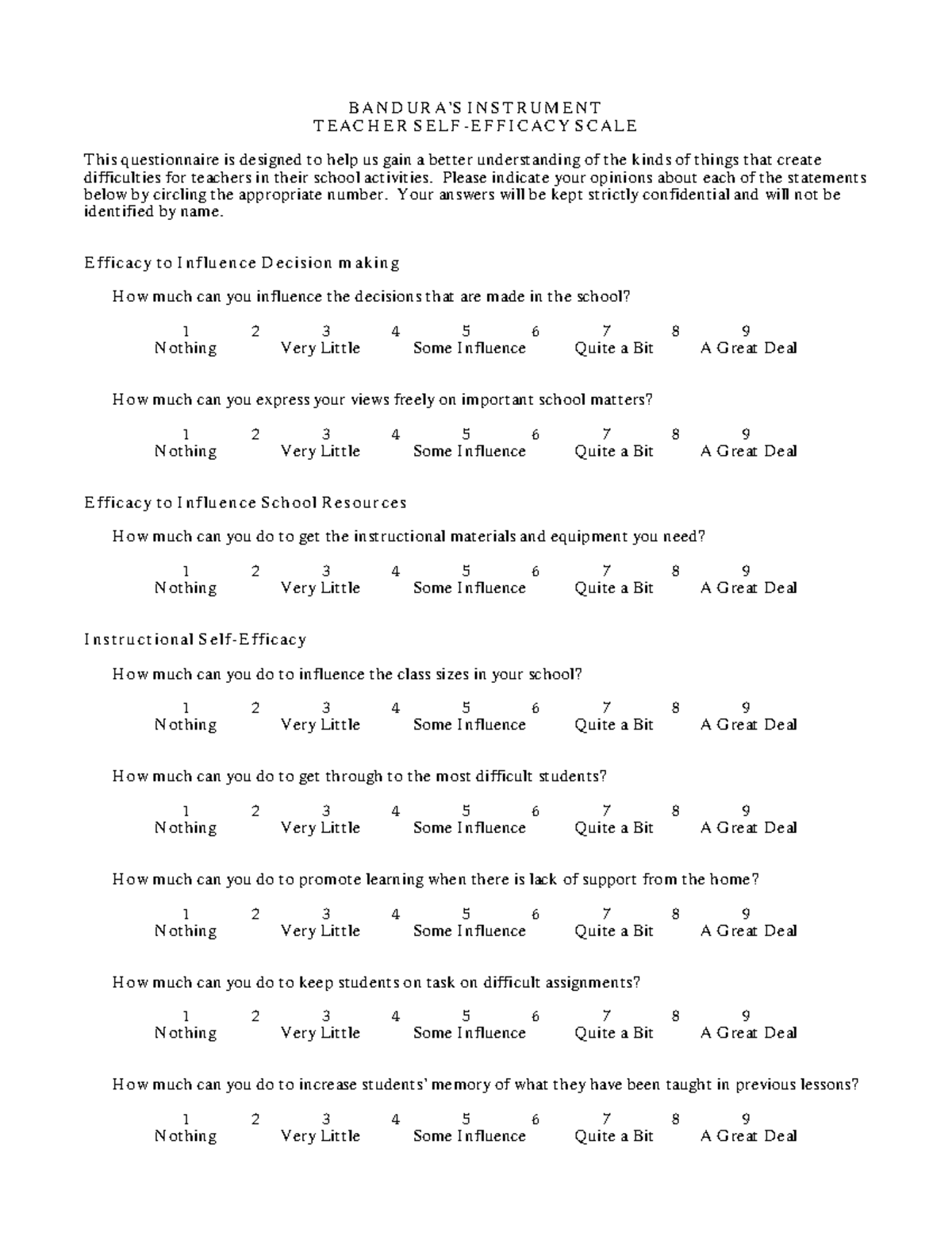 Self-Efficacy Questionnaire School - B AN D U R A’S I N S T R U M E N T ...