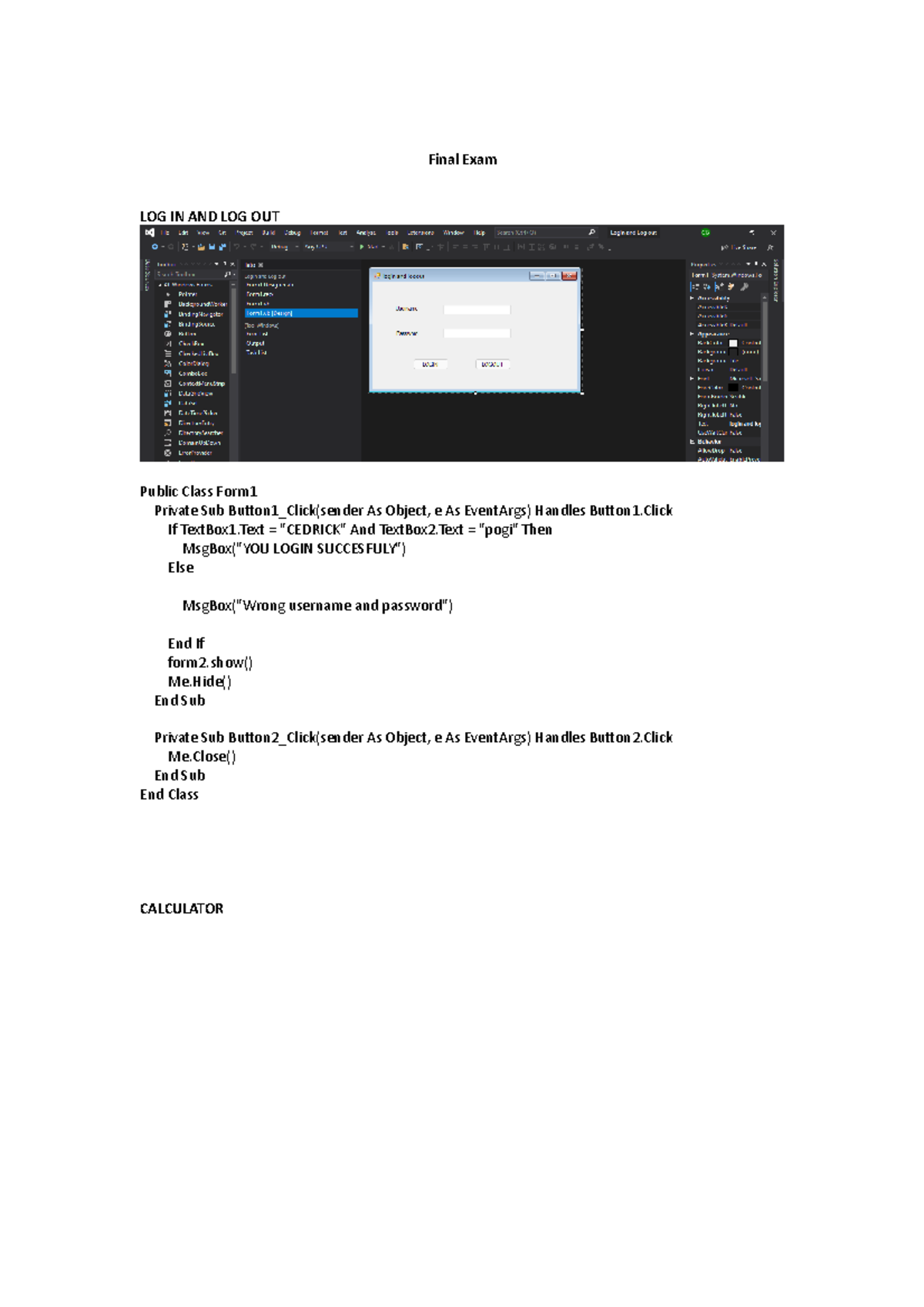 Final-Exam - final exam - Final Exam LOG IN AND LOG OUT Public Class ...