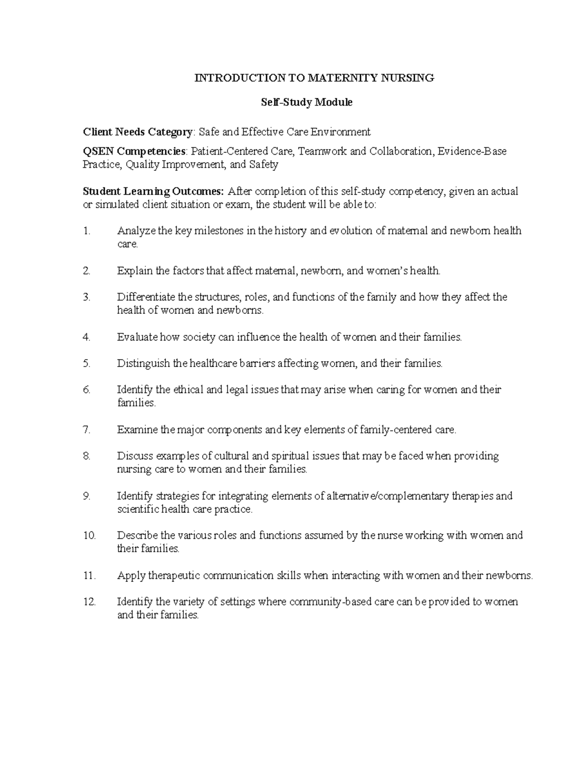 EXAM 1 Notes - INTRODUCTION TO MATERNITY NURSING Self-Study Module ...