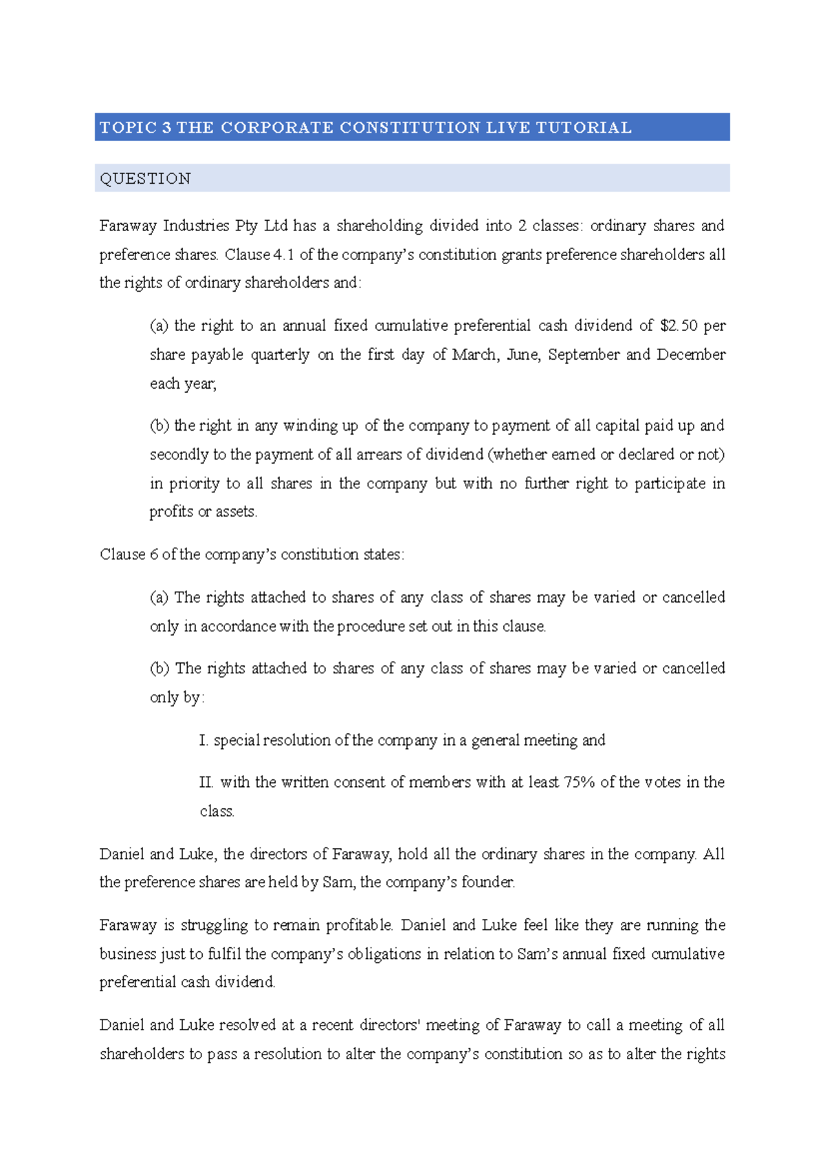 Corporate law Topic 3 tutorial - TOPIC 3 THE CORPORATE CONSTITUTION LIVE TUTORIAL QUESTION ...