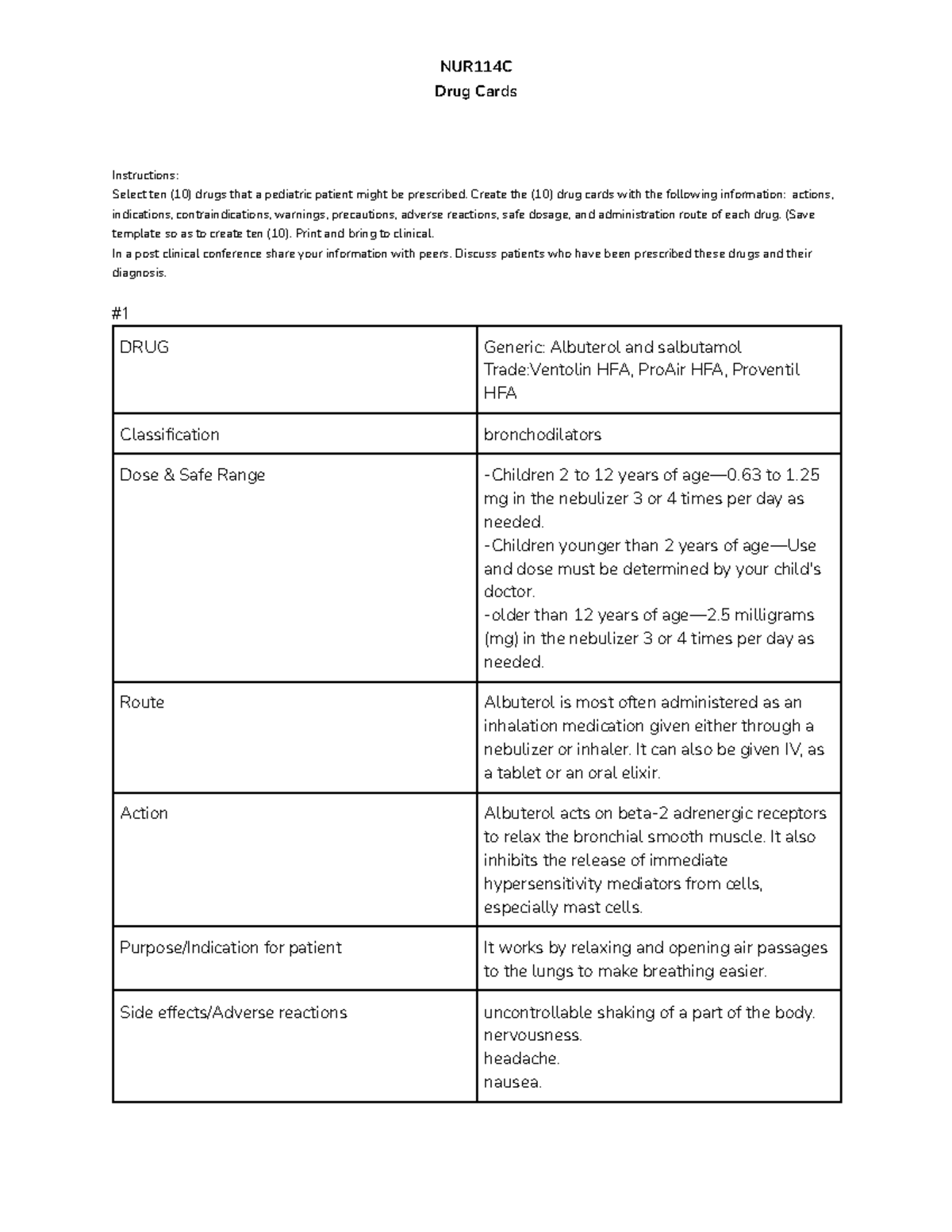DRUG Cards PEDS - Drug Cards Instructions: Select ten (10) drugs that a ...