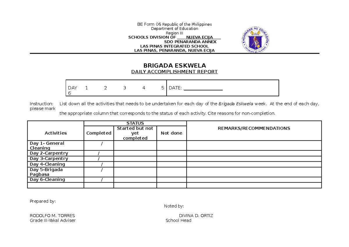 BE-Form-6- Daily- Accomplishment- Report raffy - BE Form 06 Republic of ...