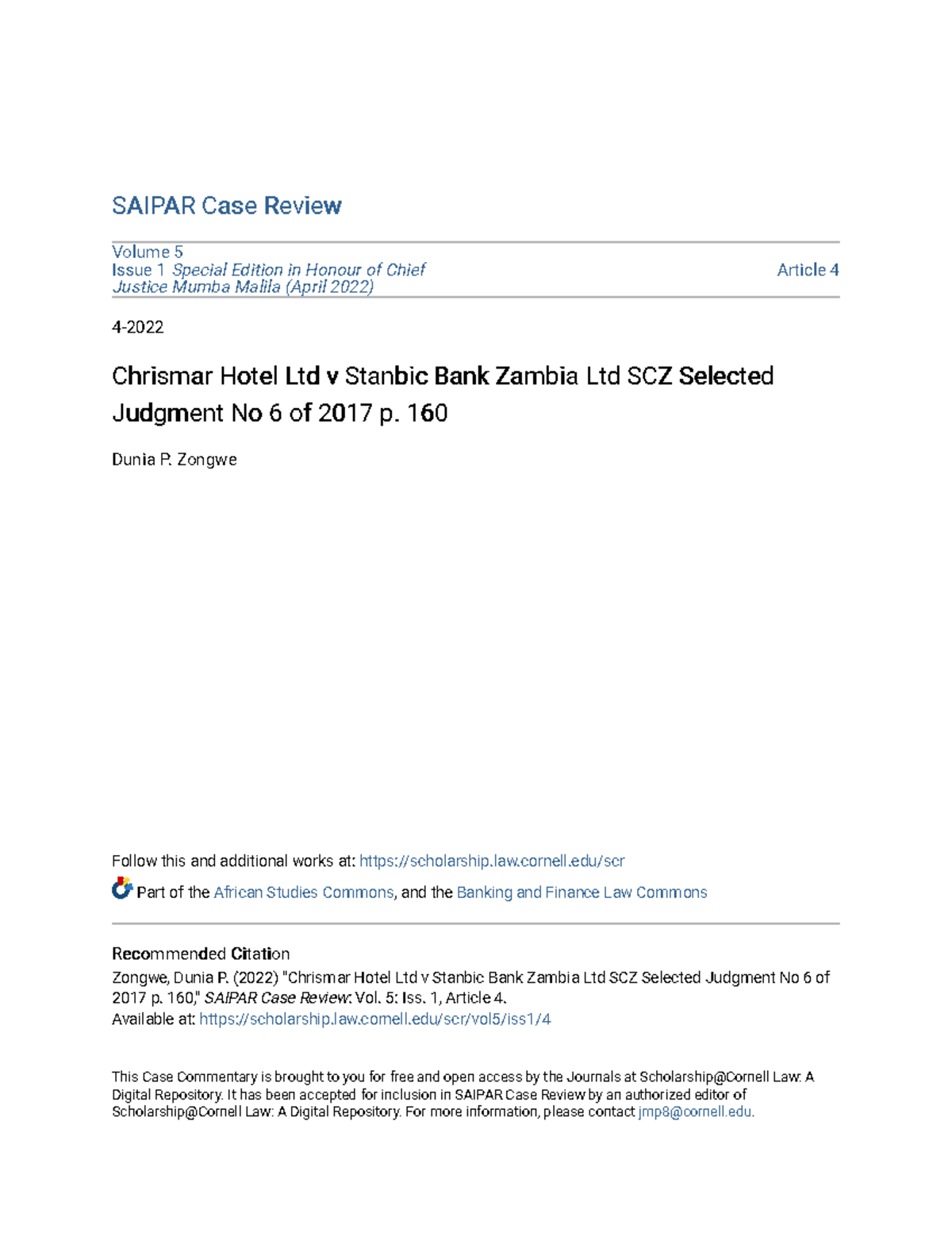 Chrismar Hotel Ltd v Stanbic Bank Zambia Ltd SCZ Selected Judgmen ...