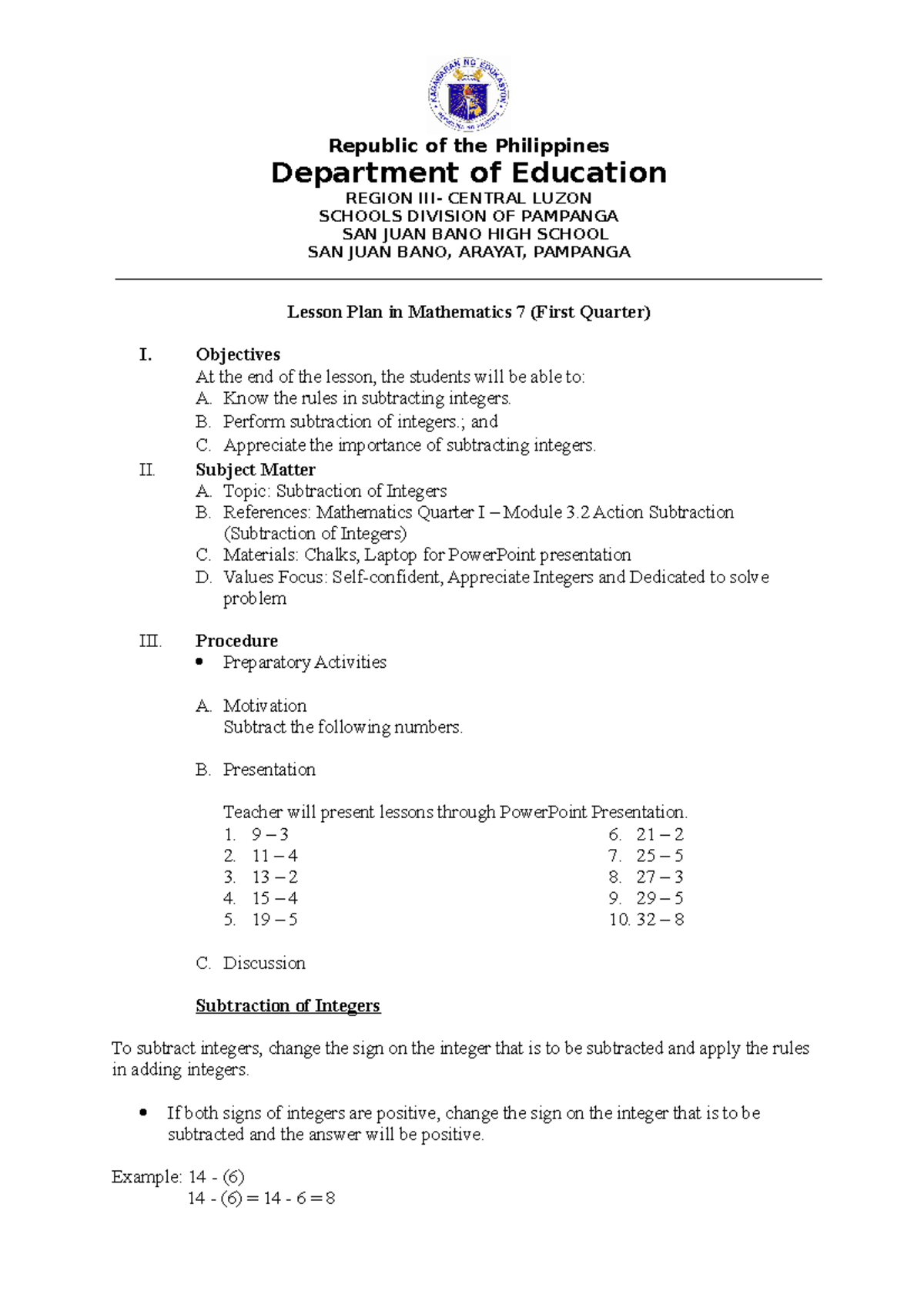 Semi Detailed Lesson Plan in Multiplication of Integers - Republic of ...