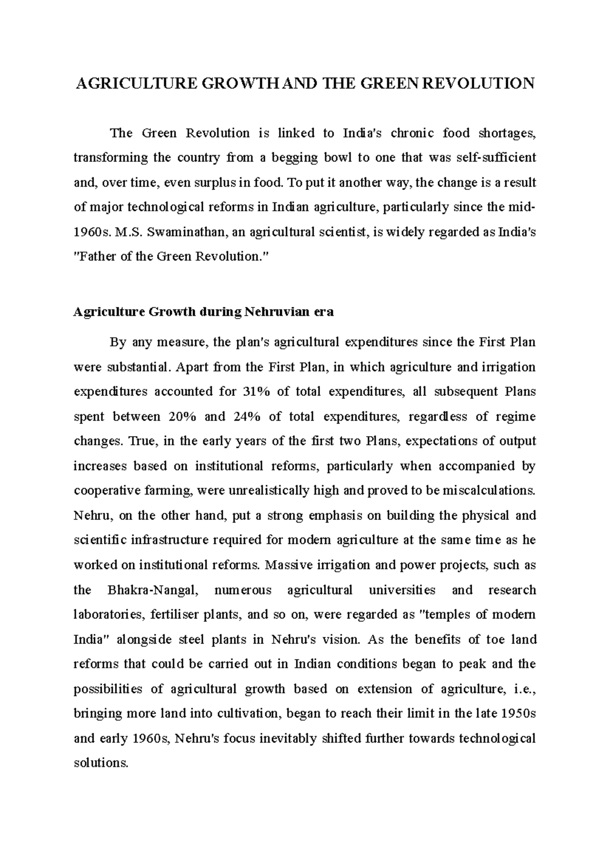 The Green Revolution and Agriculture Growth - AGRICULTURE GROWTH AND ...