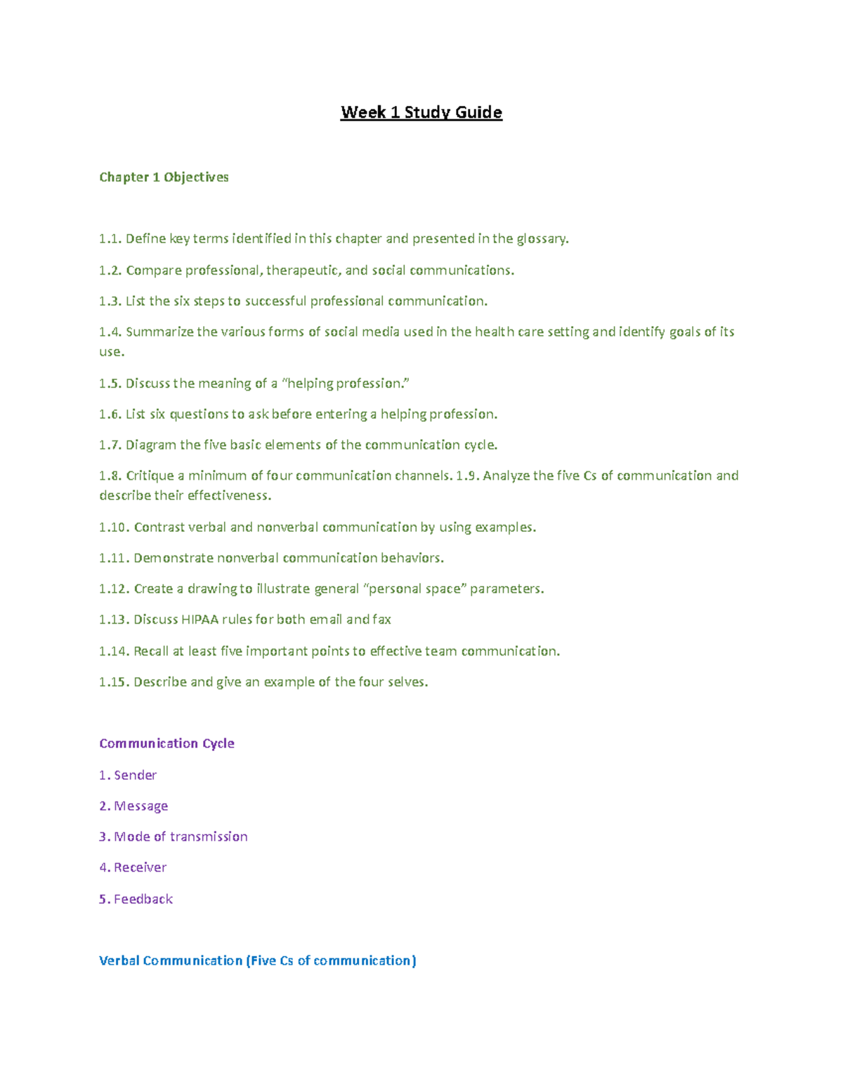 Week 1 Study Guide - therapeutic communication - Week 1 Study Guide Chapter 1 Objectives Define ...