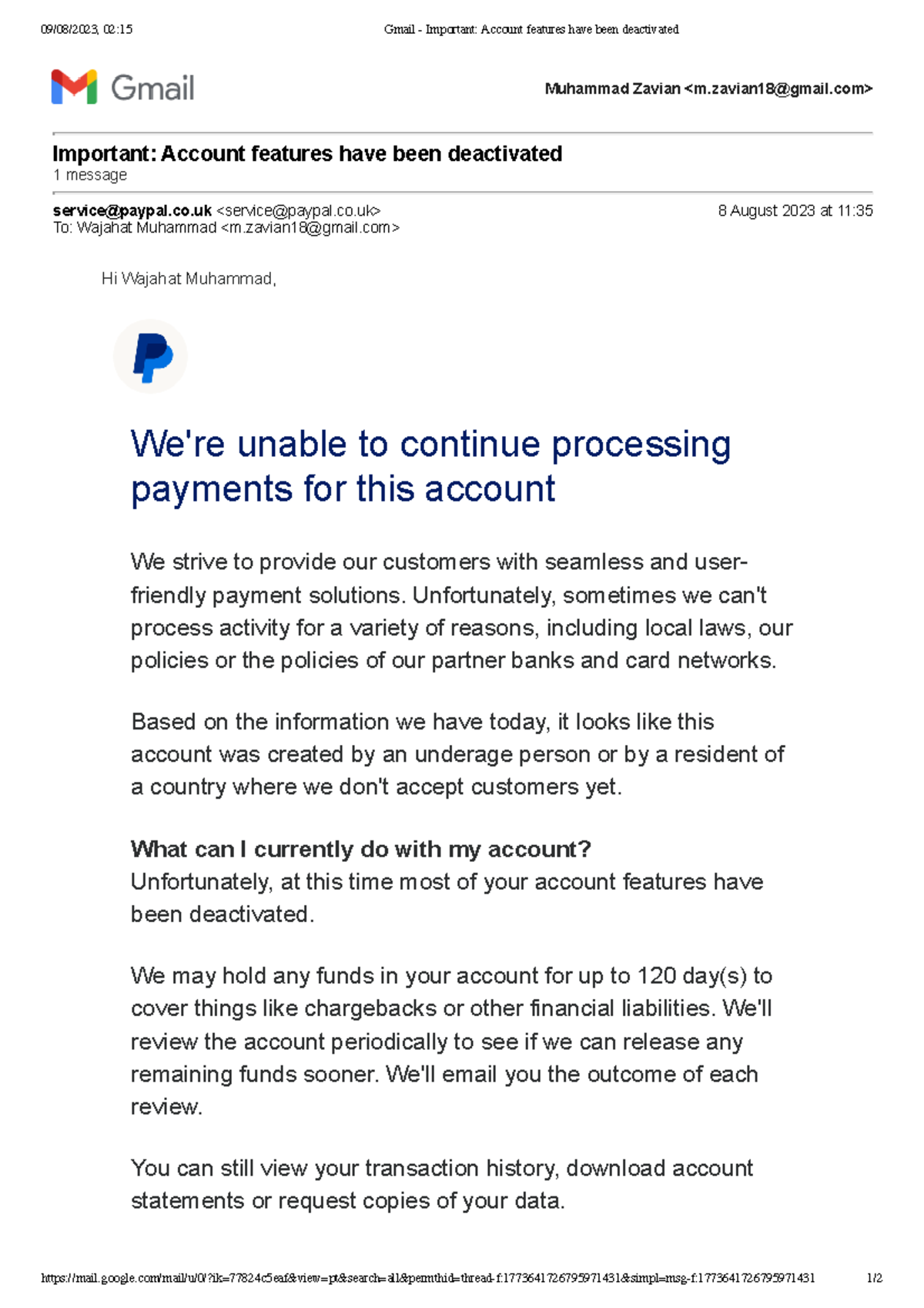 Gmail - Important Account features have been deactivated - - Studocu