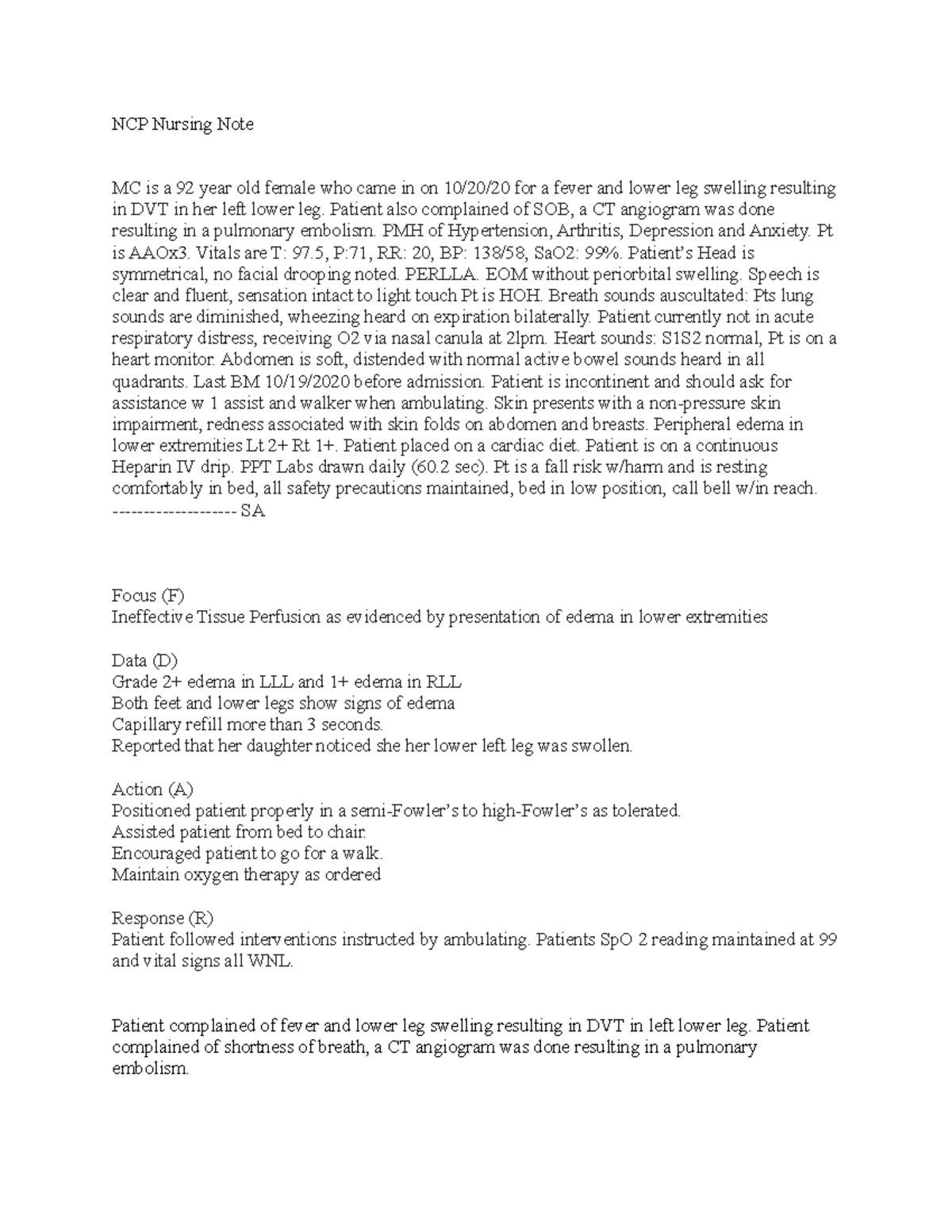 Nursing Care Plan Nursing Note - NCP Nursing Note MC is a 92 year old ...