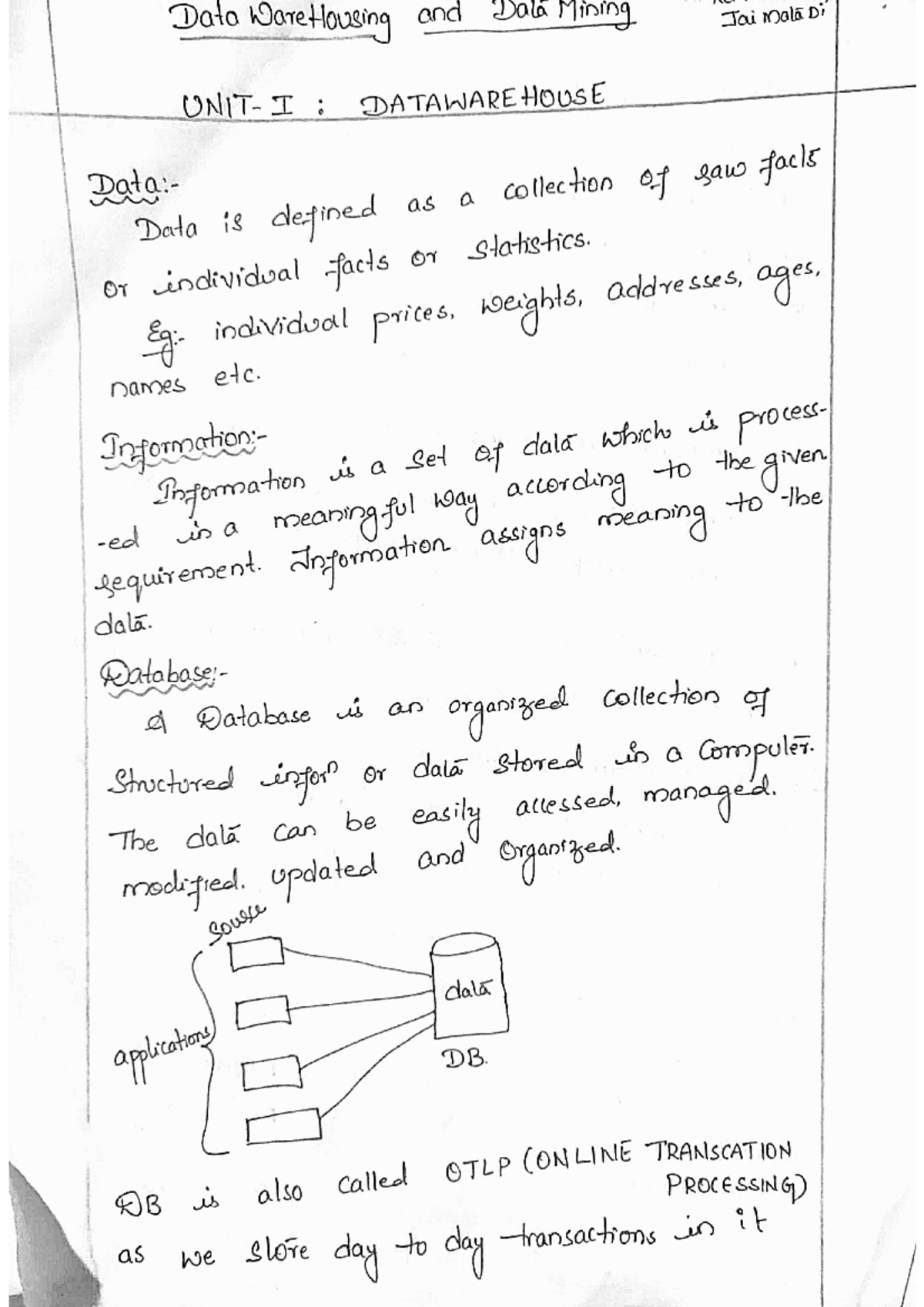 UNIT 1 - dfgfg - Data WareHousing and Data Mining Jai mata Di I ...