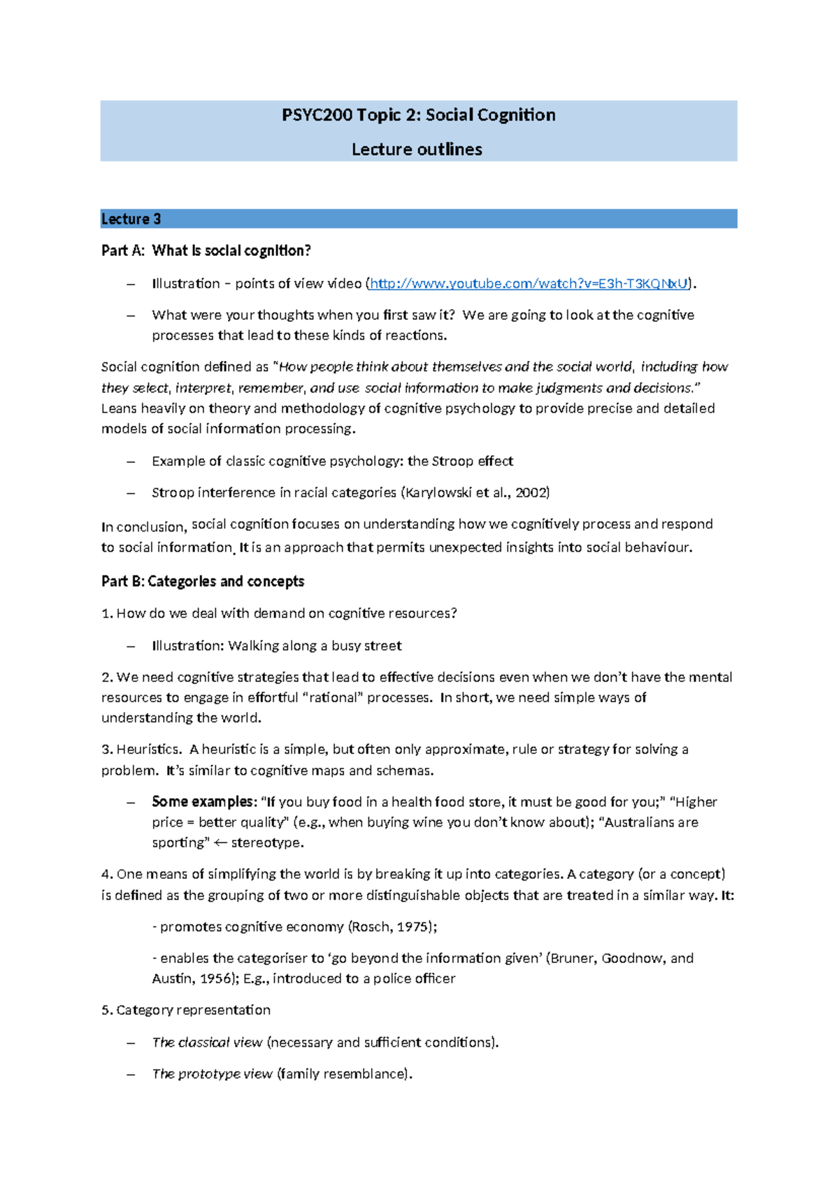 Module 2 lecture outlines - PSYC200 Topic 2: Social Cognition Lecture ...