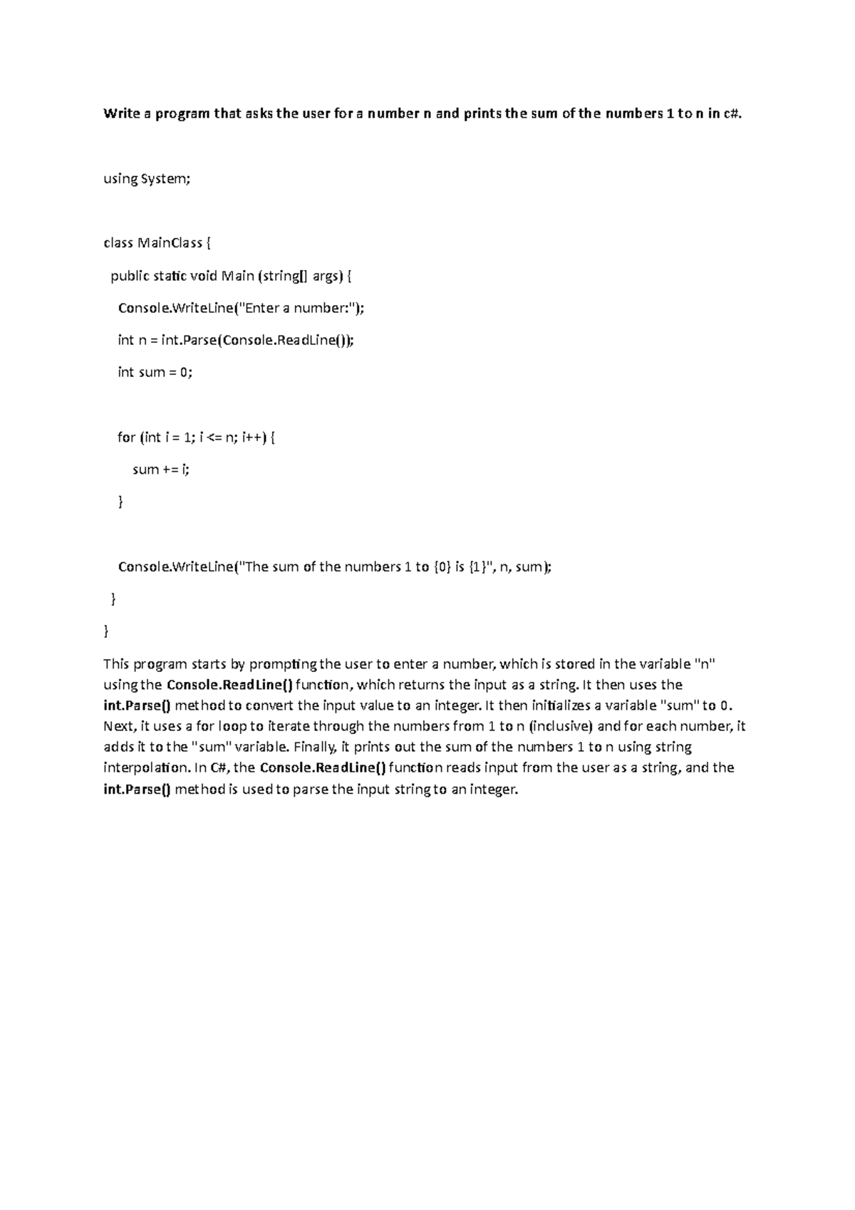 C# number to n - Write a program that asks the user for a number n and ...