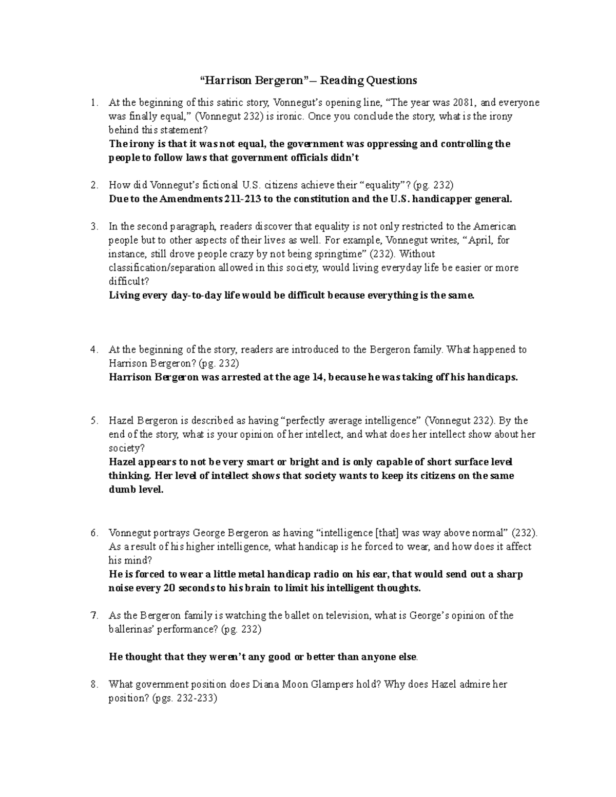 Claire Coulter ENG1123 Harrison Bergeron - “Harrison Bergeron”- Reading ...