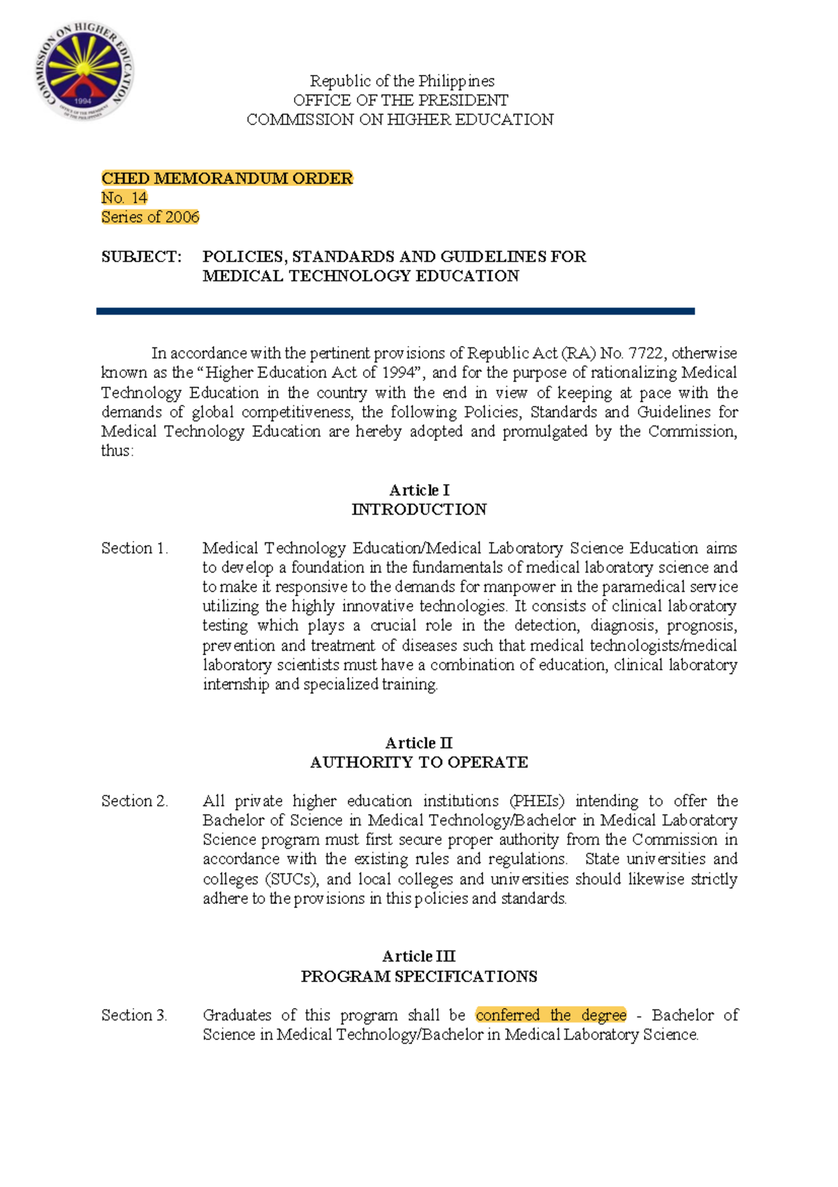 CHED Memorandum Order No. 14 Series of 2006 - Republic of the ...