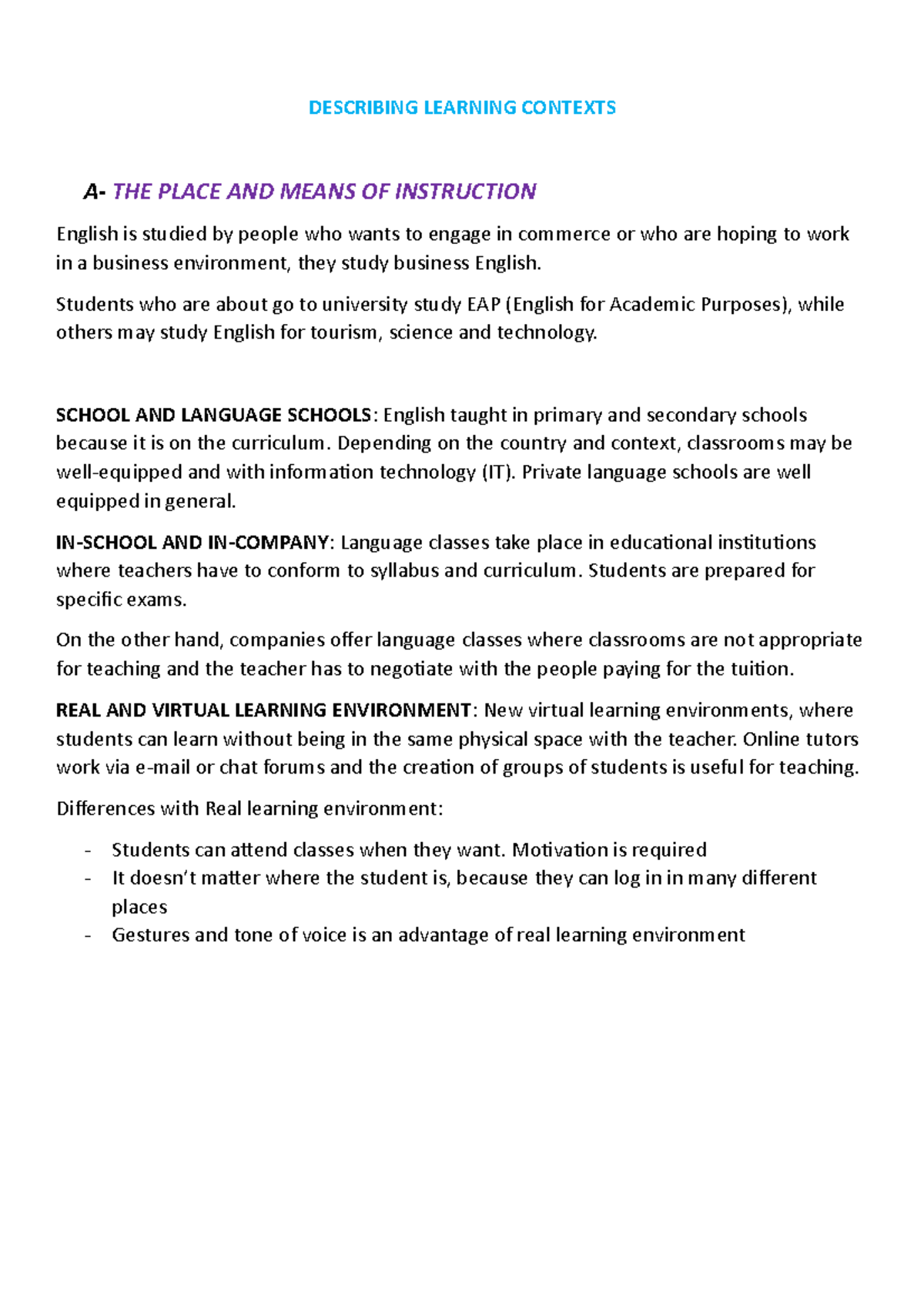 Describing Learning Contexts - DESCRIBING LEARNING CONTEXTS A-THE PLACE ...