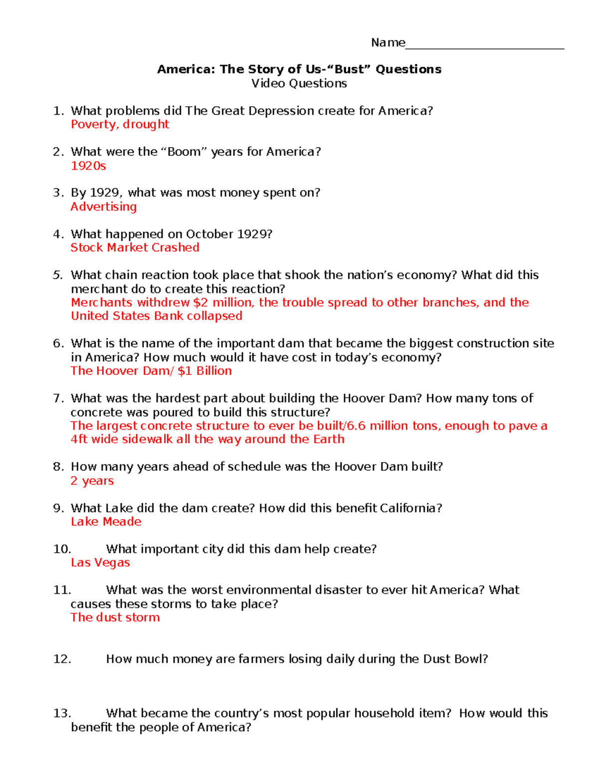 America bust video questions - key - Name ...