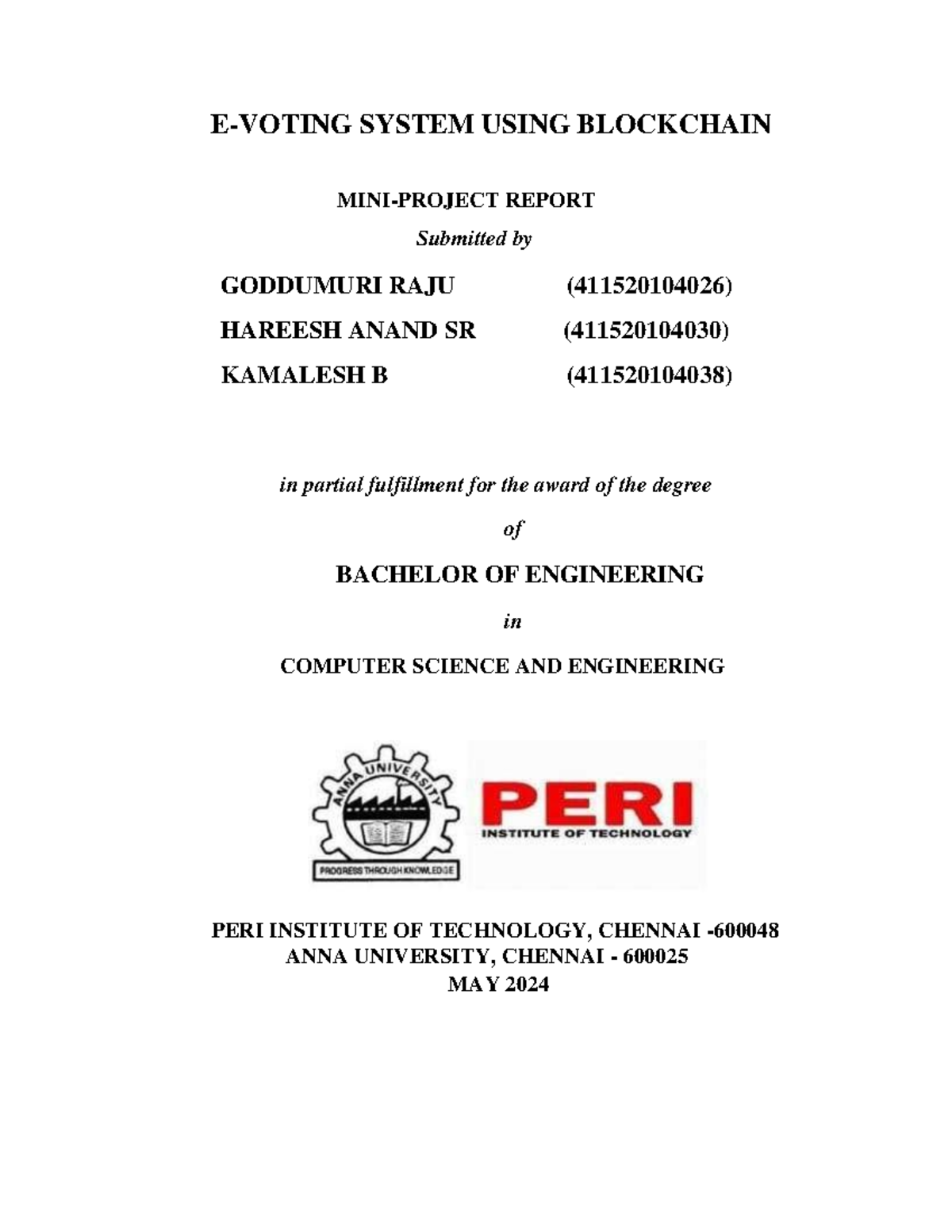 E-Voting report-final - E-VOTING SYSTEM USING BLOCKCHAIN MINI-PROJECT REPORT Submitted by ...