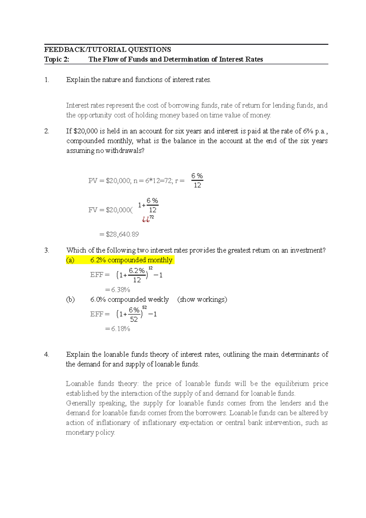 Tutorial 2 interest rate - FEEDBACK/TUTORIAL QUESTIONS Topic 2: The ...