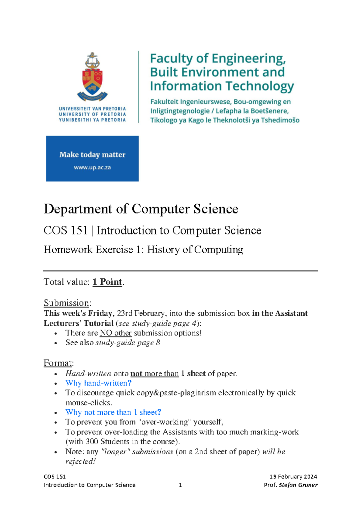 COS 151 Homework 1 - COS 1 51 19 February 2024 Introduction to Computer ...