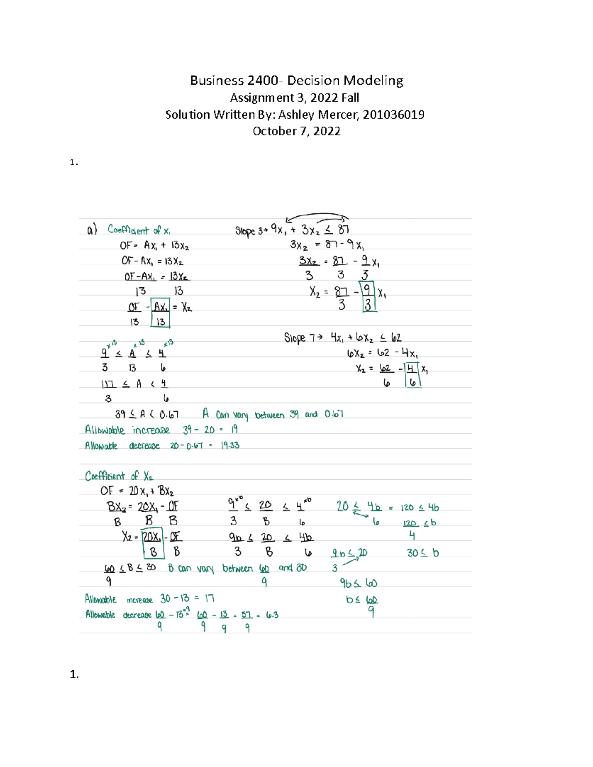 Assignment 3 - Winter Semester David Tullett - Business 2400- Decision Modeling Assignment 3 ...