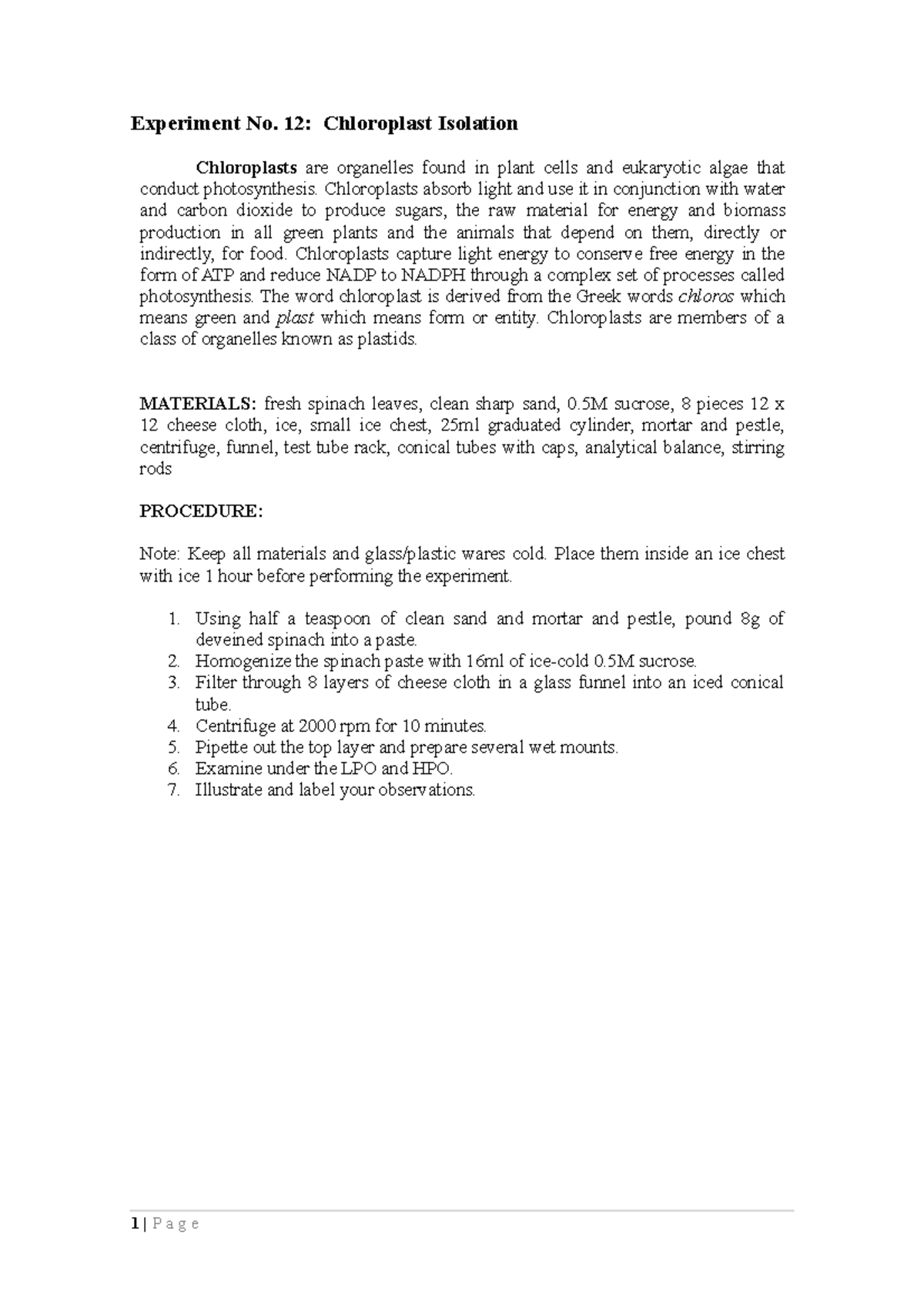 Cmbexp 42 Chloroplast Isolation Experiment No 12 Chloroplast Isolation Chloroplasts Are