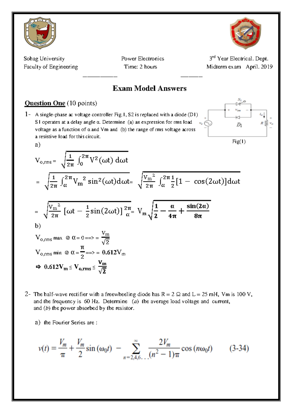 1556661907 - Power Electronics midterm exam April 2019 model answers - - Studocu