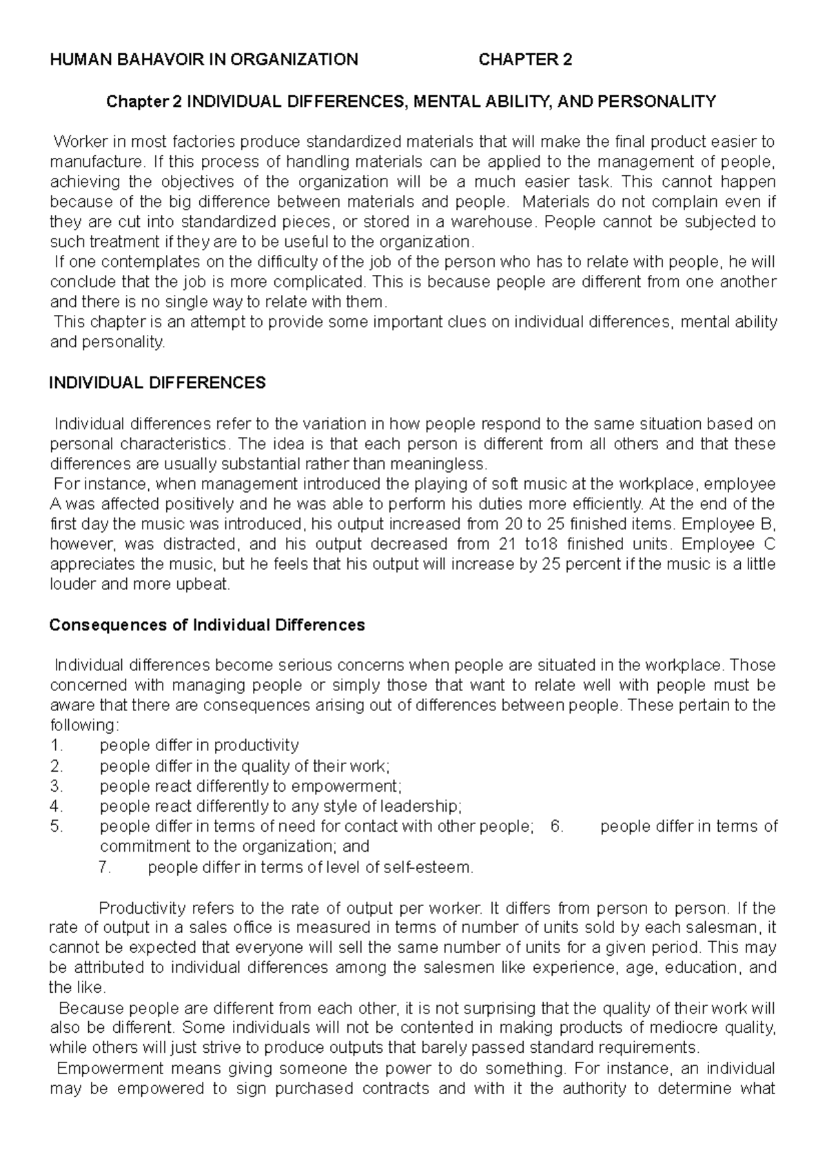 Chapter 2 HBO Lessons - LECTURE NOTES FOR HBO - HUMAN BAHAVOIR IN ...